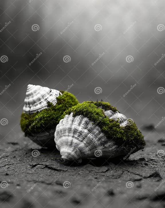 Two Shells with Green Moss on Them are Sitting on a Muddy Ground Stock ...