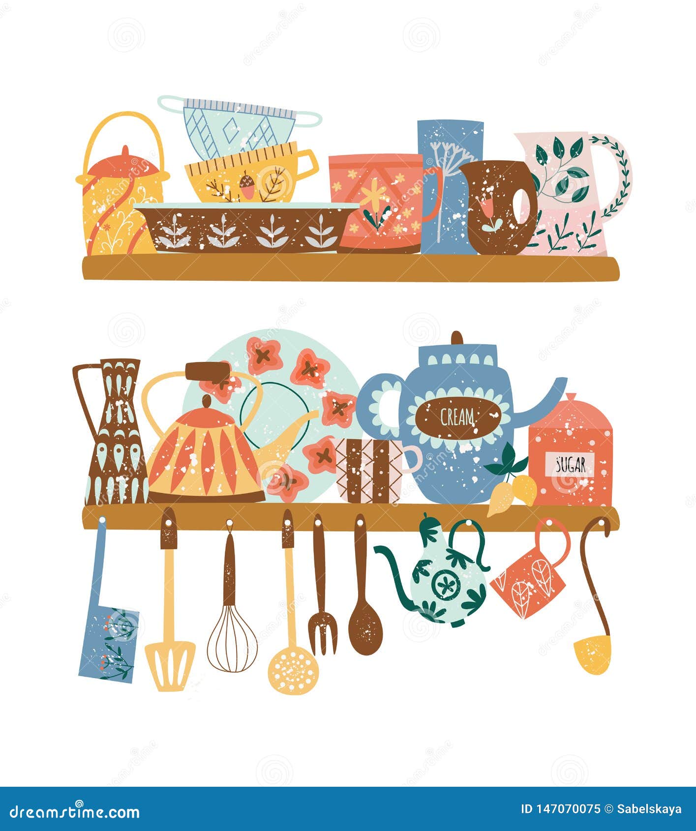 Two Shelves with Ceramic Tableware and Hanging Kitchen Tools Flat ...