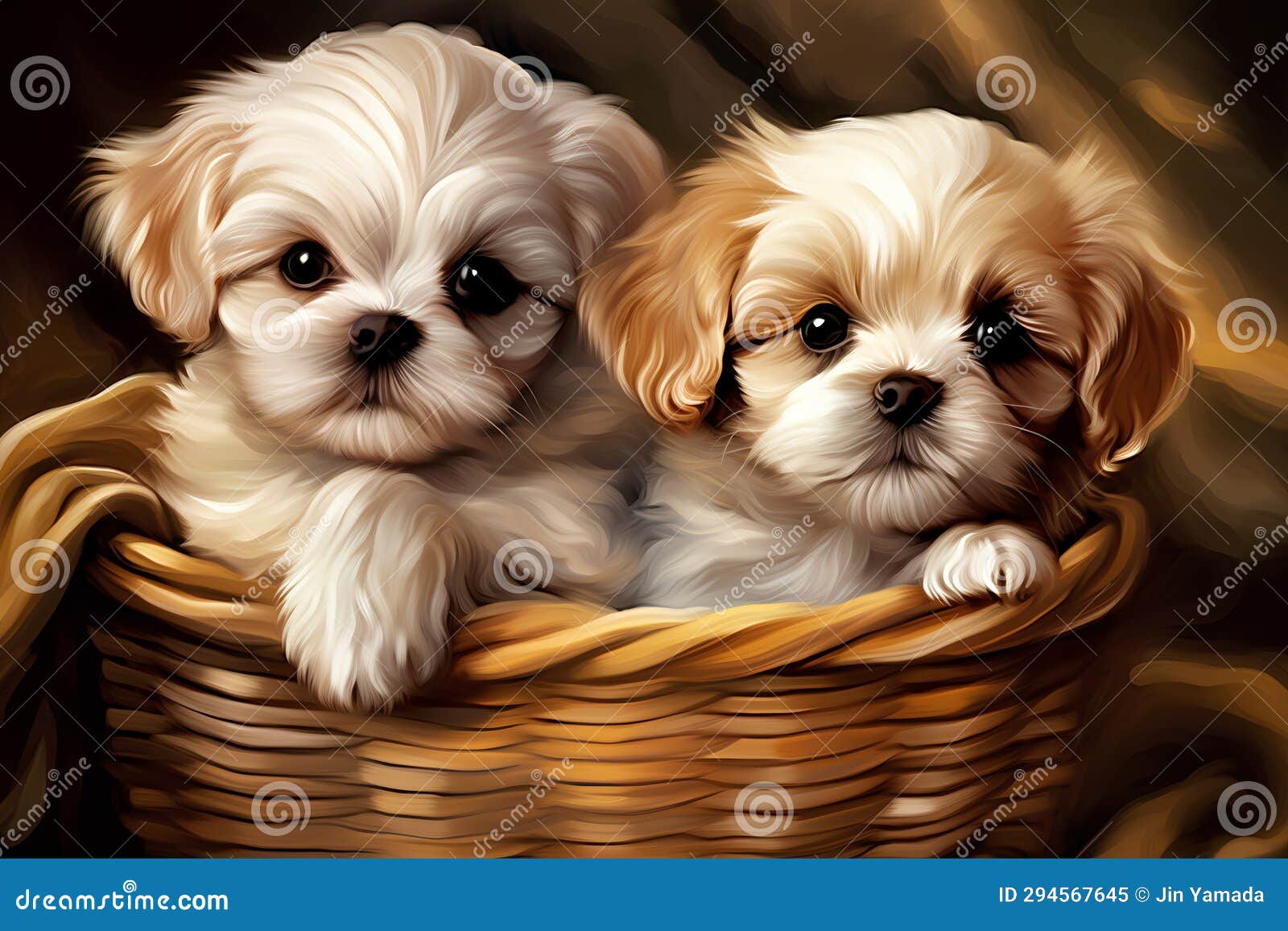 Two Shih Tzu Puppies in a Basket. Vector Illustration Stock ...