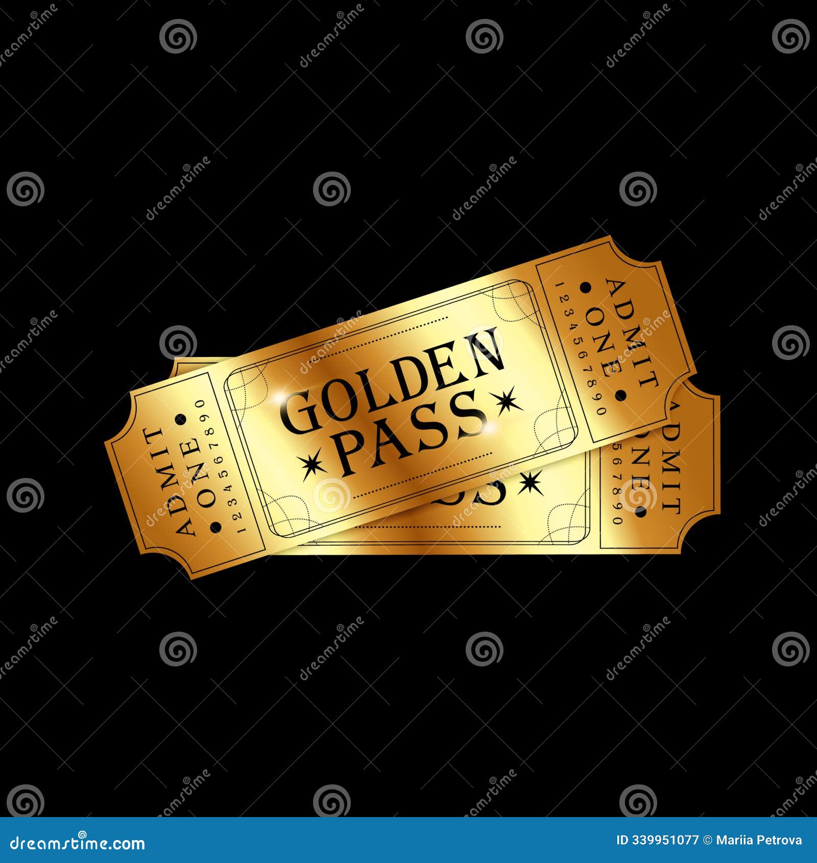 Two Shiny Golden Pass Tickets on Black Background Stock Illustration ...