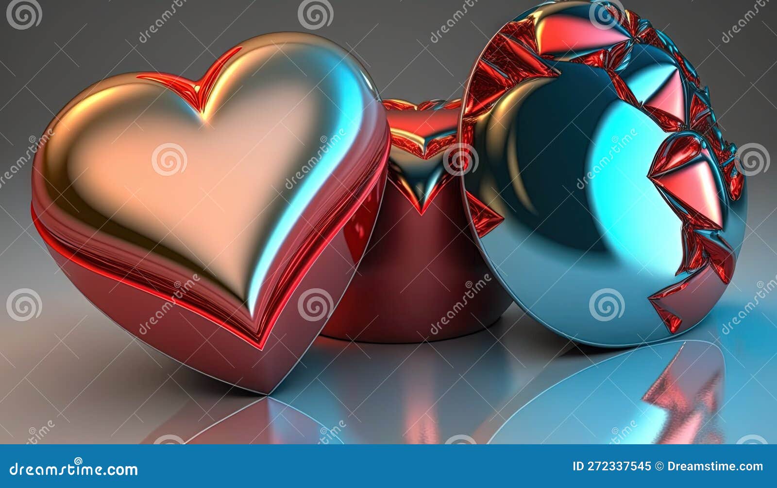 Two Shiny Heart Shaped Objects are on a Reflective Surface with ...
