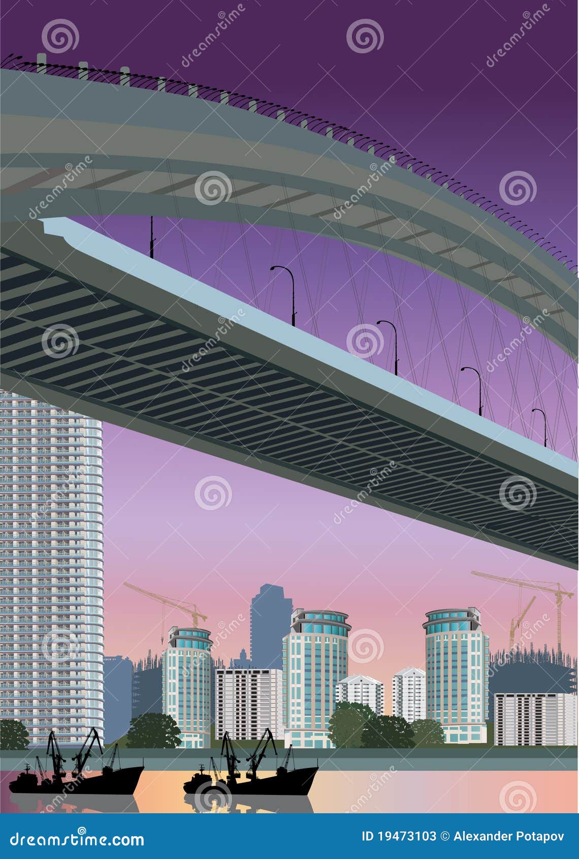 Two Ships Under Large Bridge Stock Vector - Illustration of scene ...