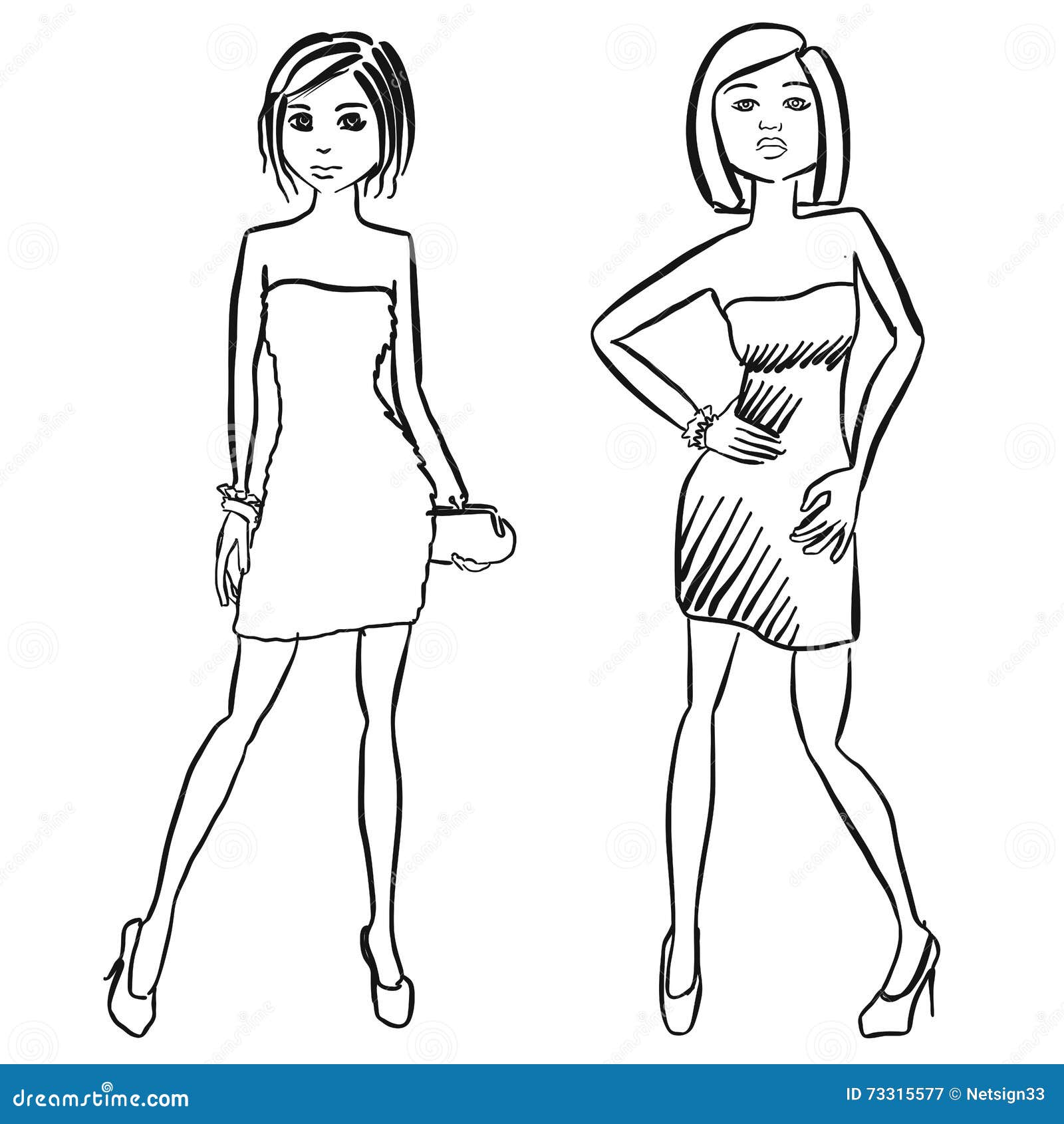 Two Shopping Girls Outline Sketch Stock Vector - Illustration of white ...