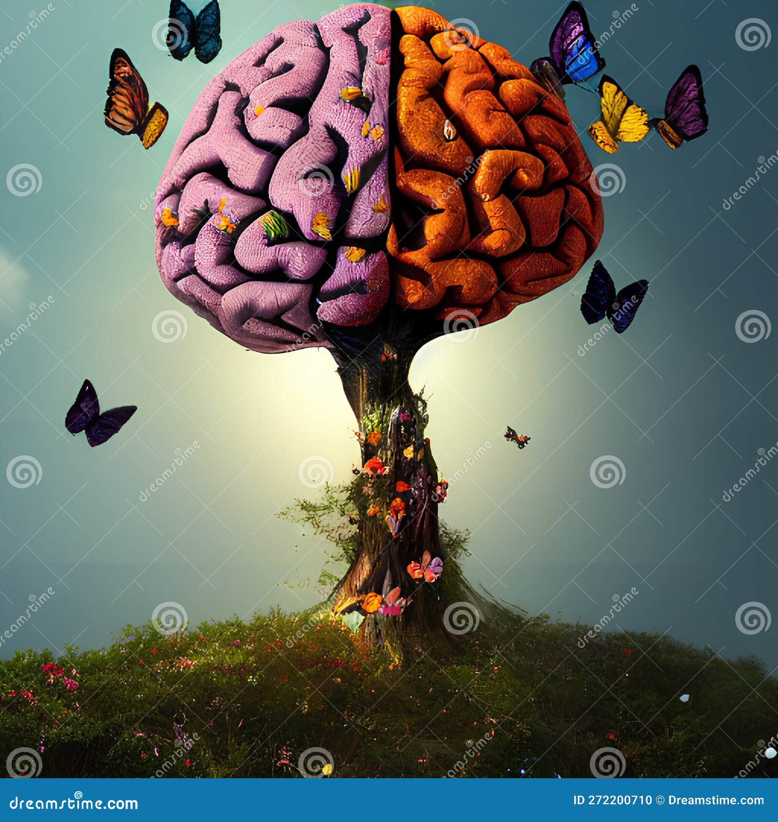 Two Side of Human Brain Tree, Surrounded with Colorful Butterflies and ...