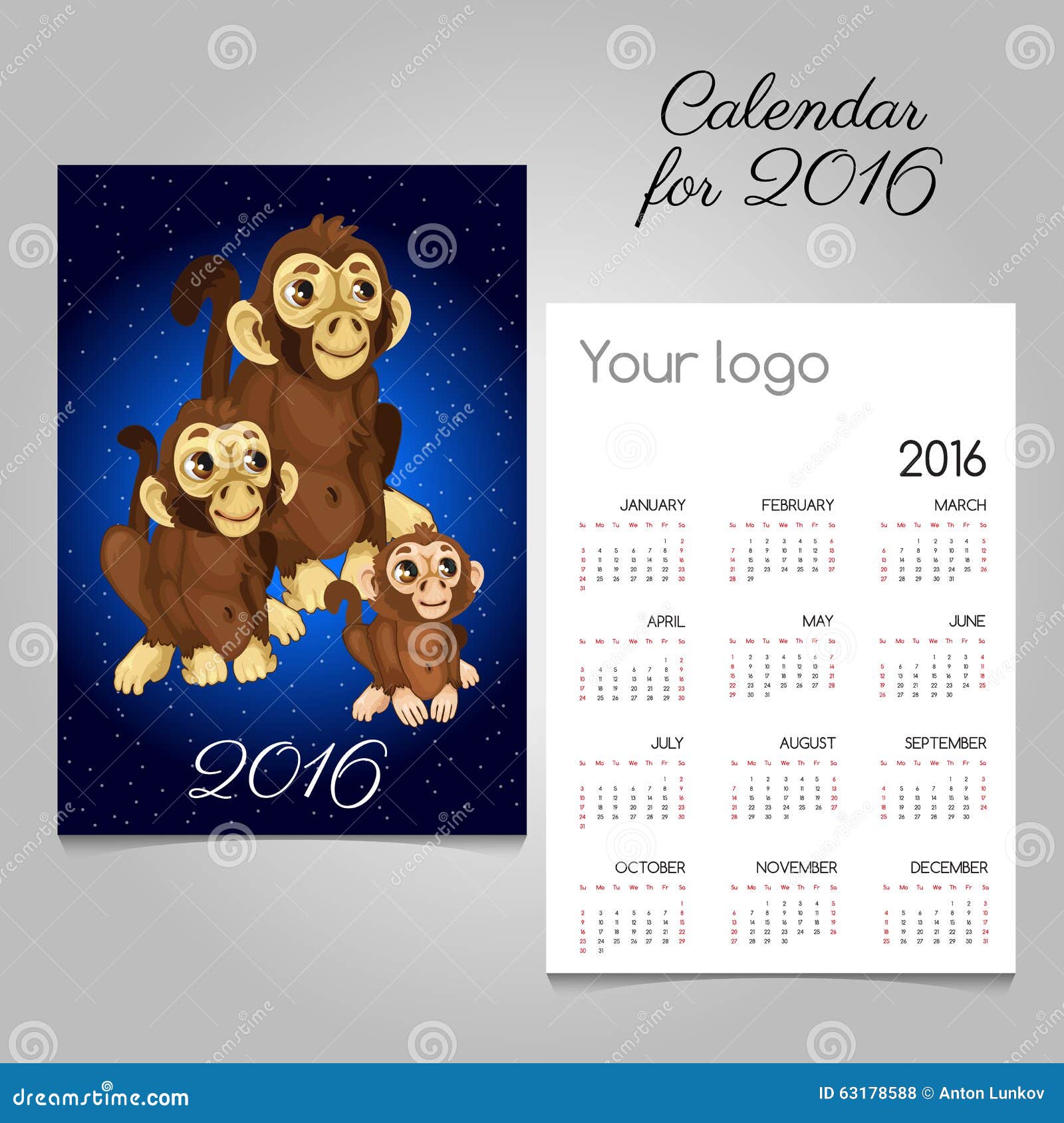 Two-sided Calendar with Symbol of the Year Monkeys Stock Vector ...