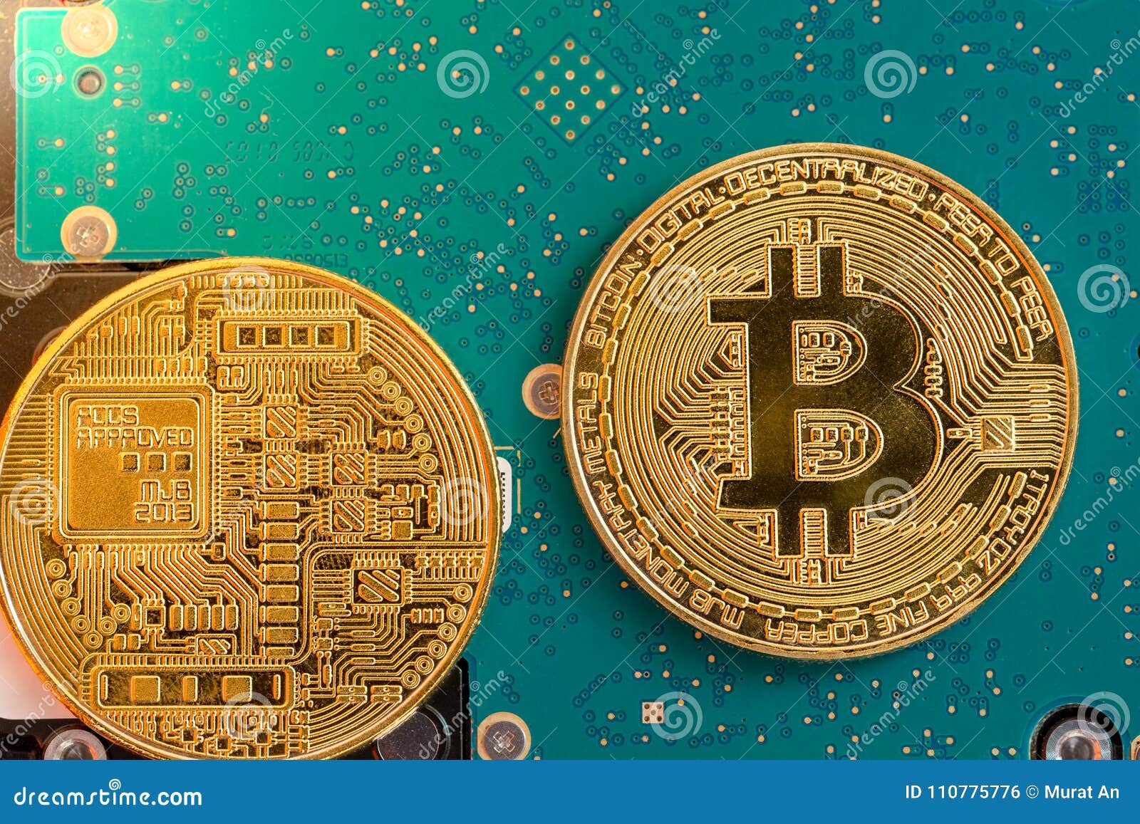 Two Sides of Golden Bitcoin on Hard Disk Electronics Stock Photo ...