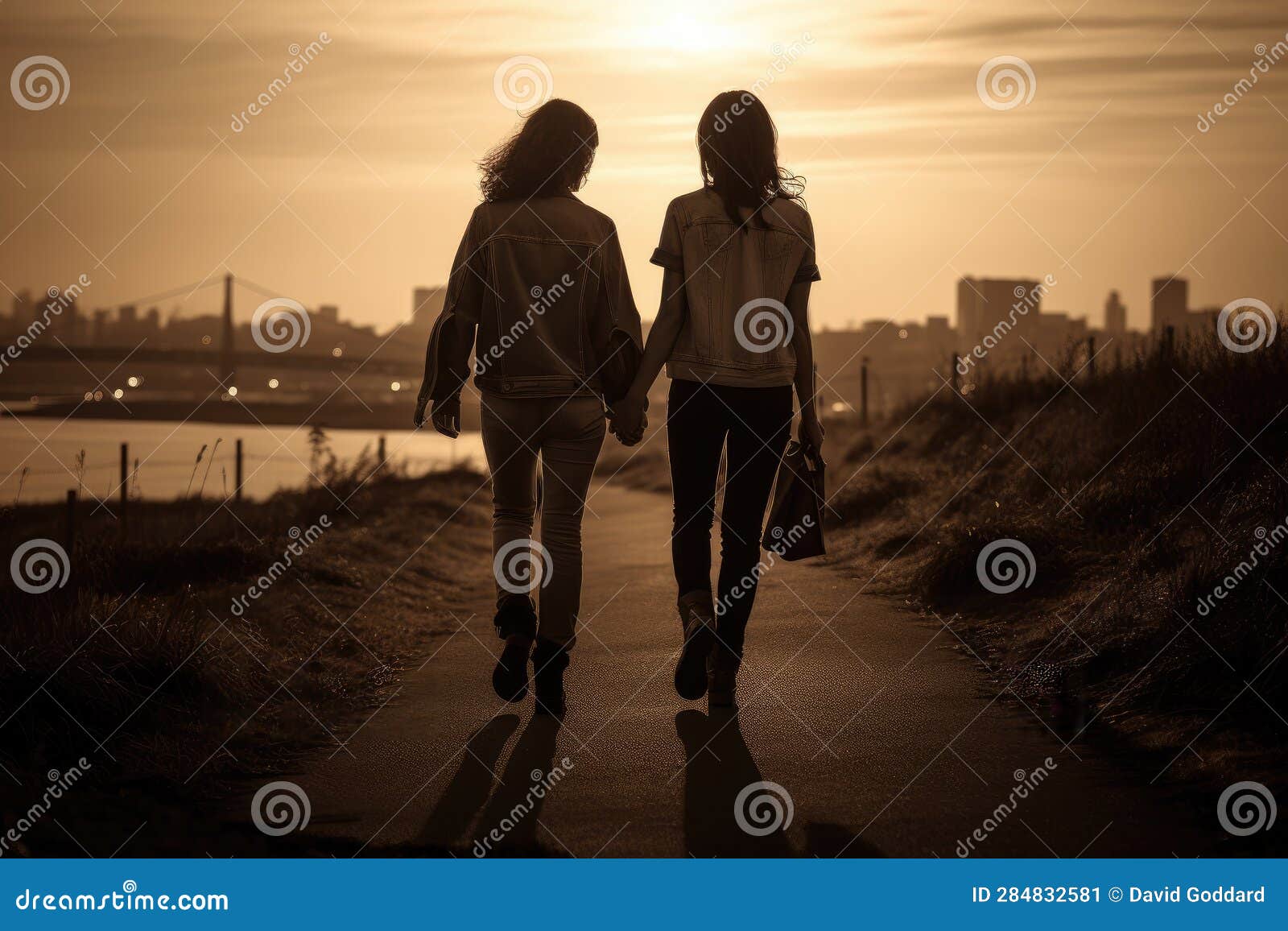 Two Women Holding Hands Walking Down a Path Stock Illustration ...