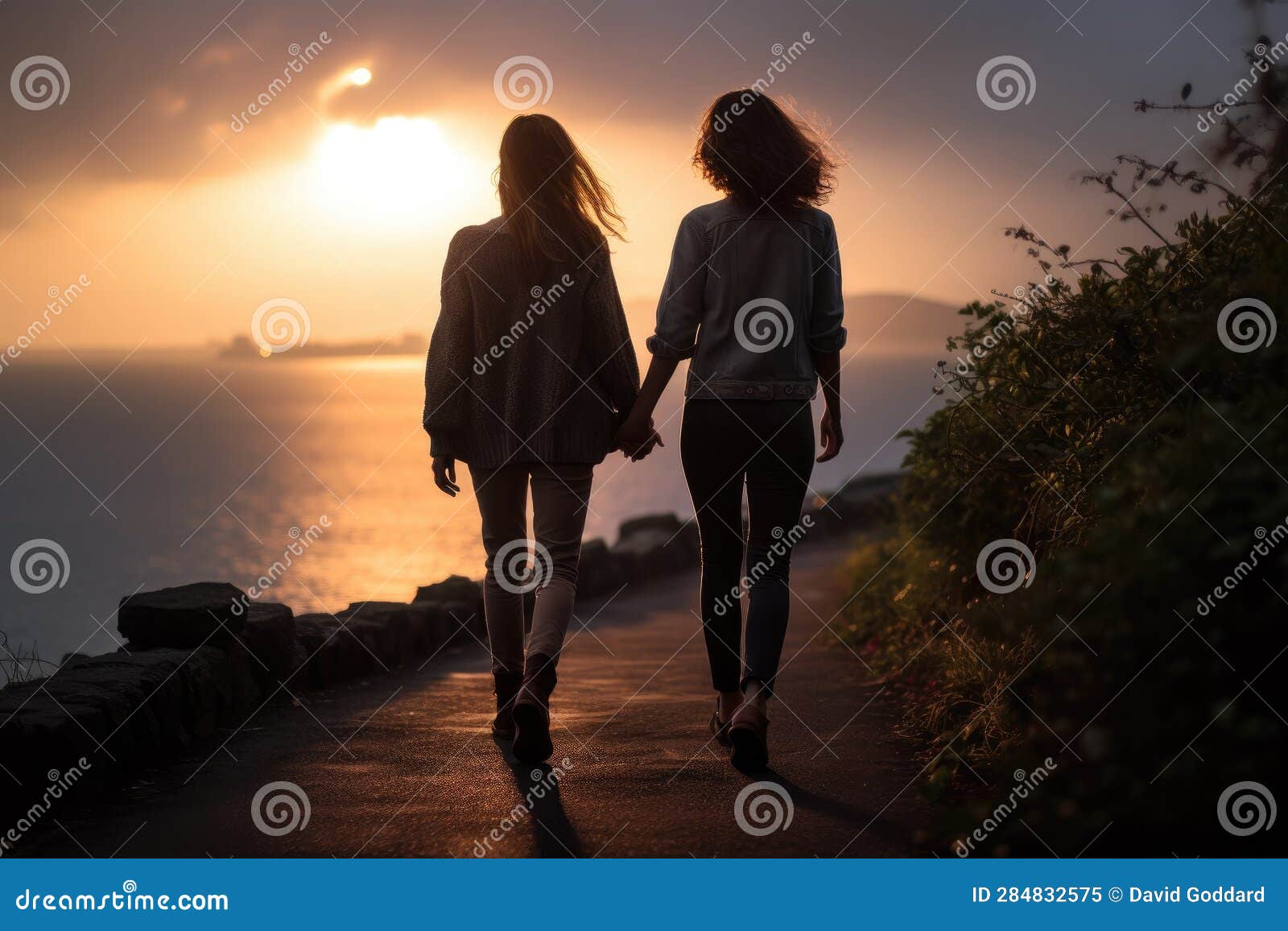 Two Women Holding Hands Walking Down a Path Stock Illustration ...
