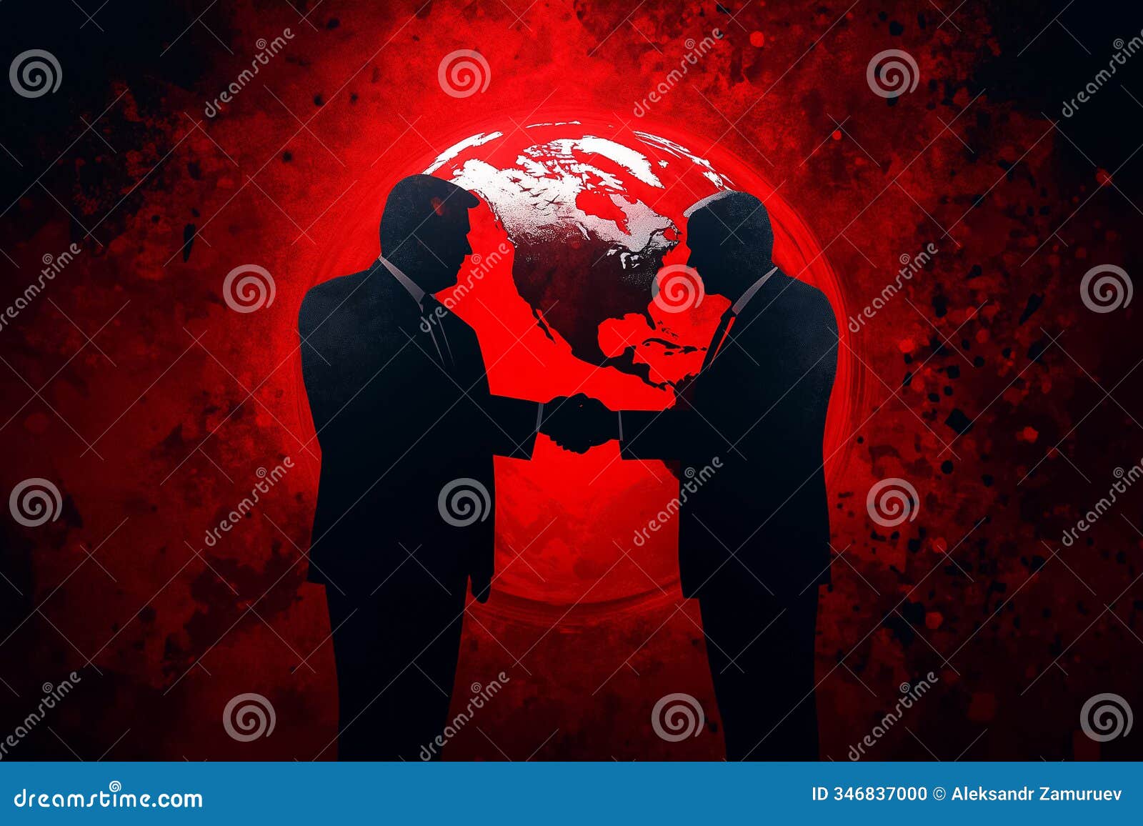 Two Silhouettes Engage in a Handshake Against a Backdrop of a Red Globe ...