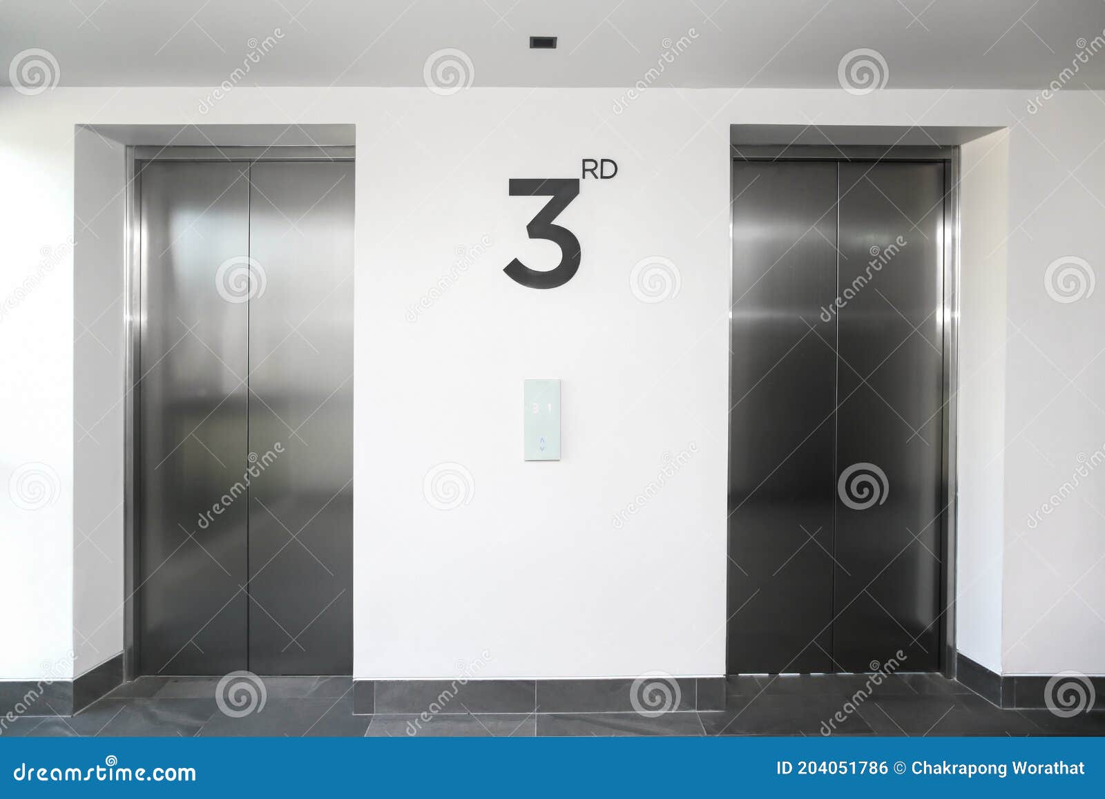 Two Silver Elevator Door in White Hallway Stock Photo - Image of grey ...