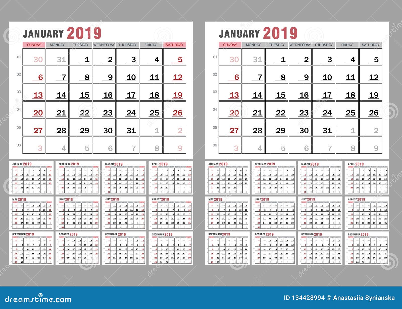 Simple Calendars For Year 2018 2019 2020 2021 2022 2023 Sundays In Red ...