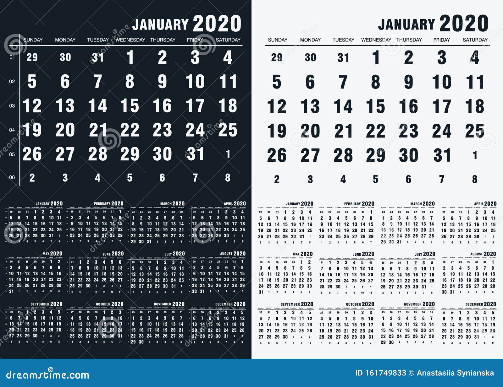 Two Simple Calendars for the 2020 Year Stock Vector - Illustration of ...