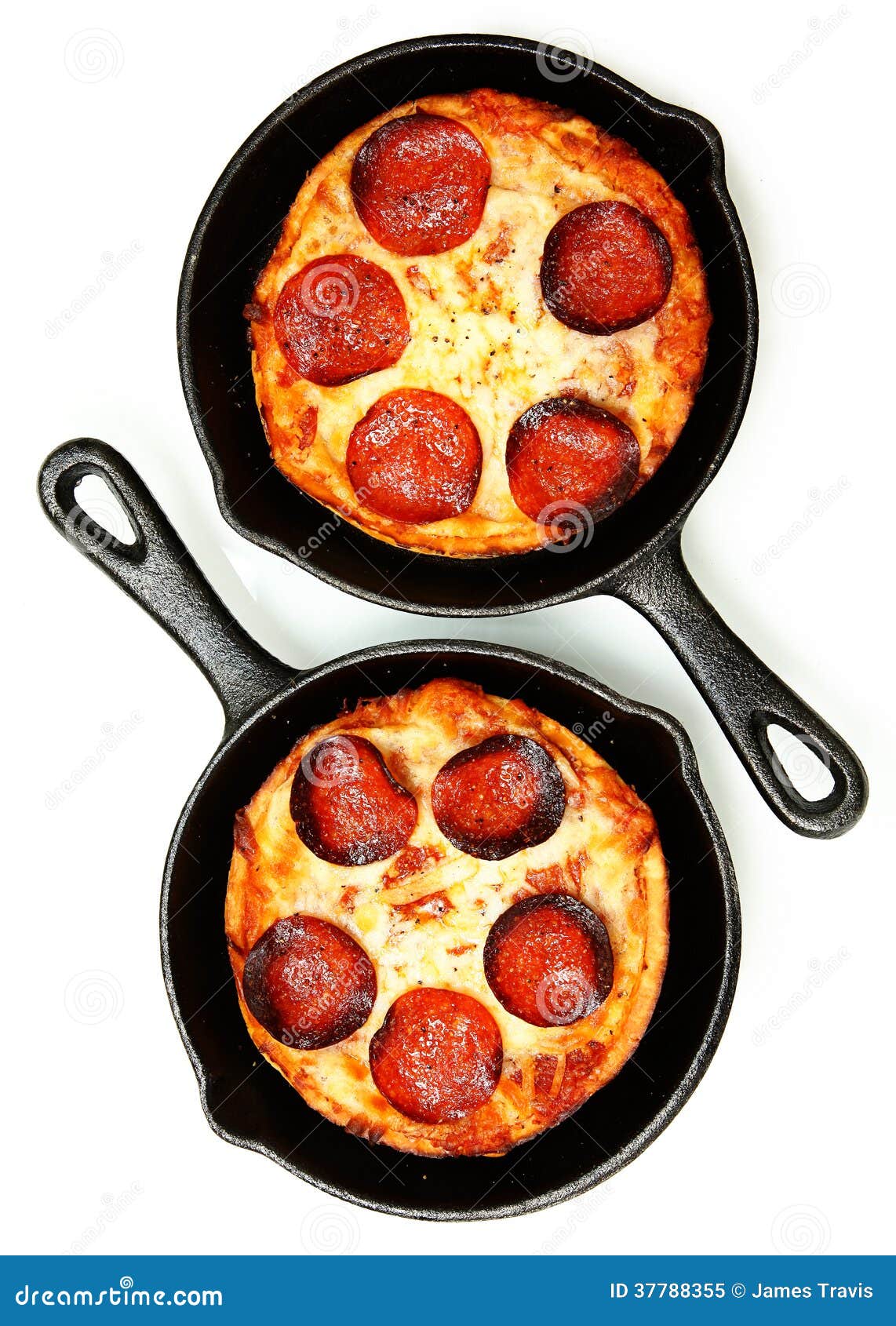 Two Single Serve Skillet Peperoni Pizzas Over White Stock Image - Image ...