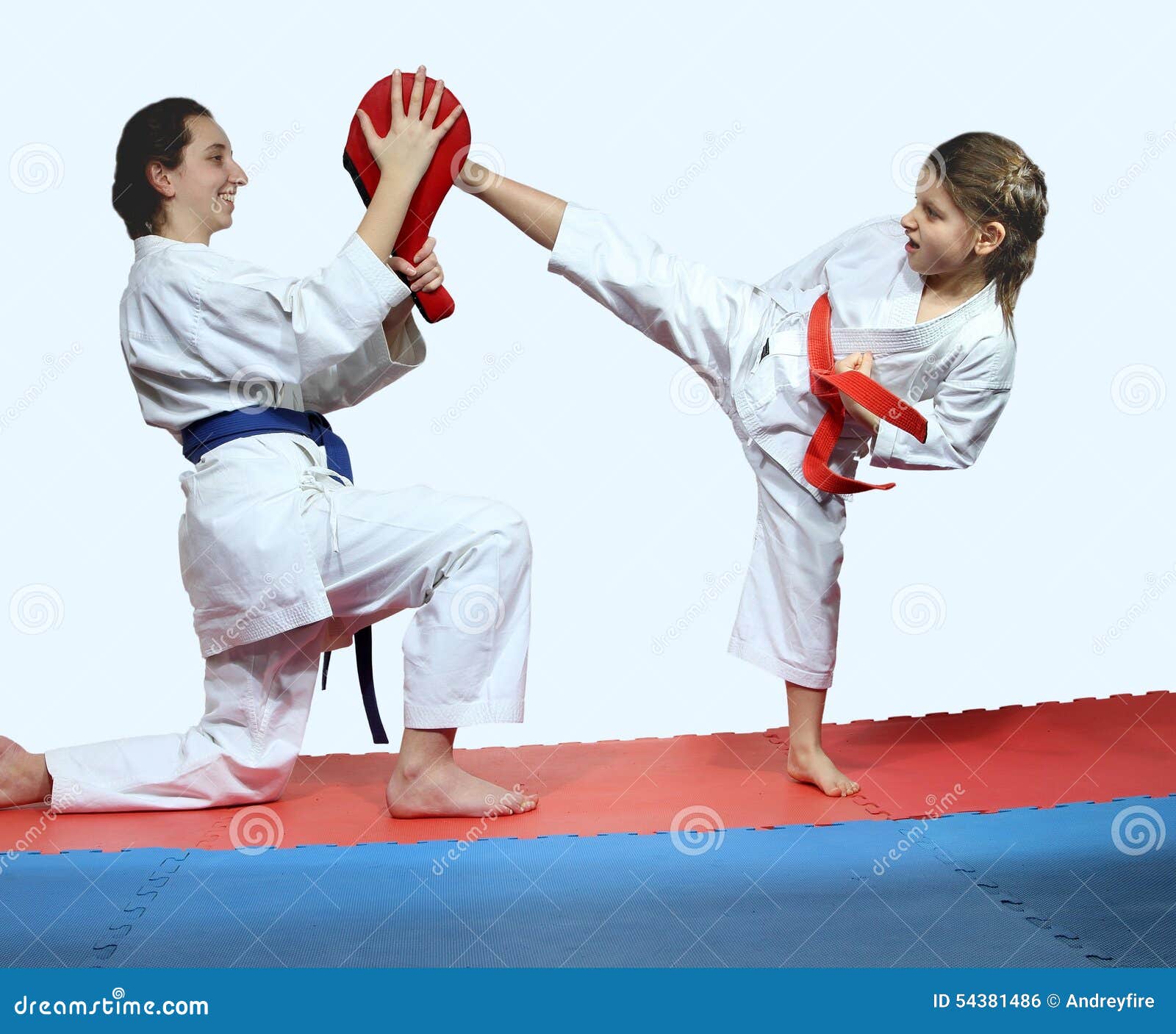 Two Sisters are Beating Kick Forward on the Simulator Stock Photo ...