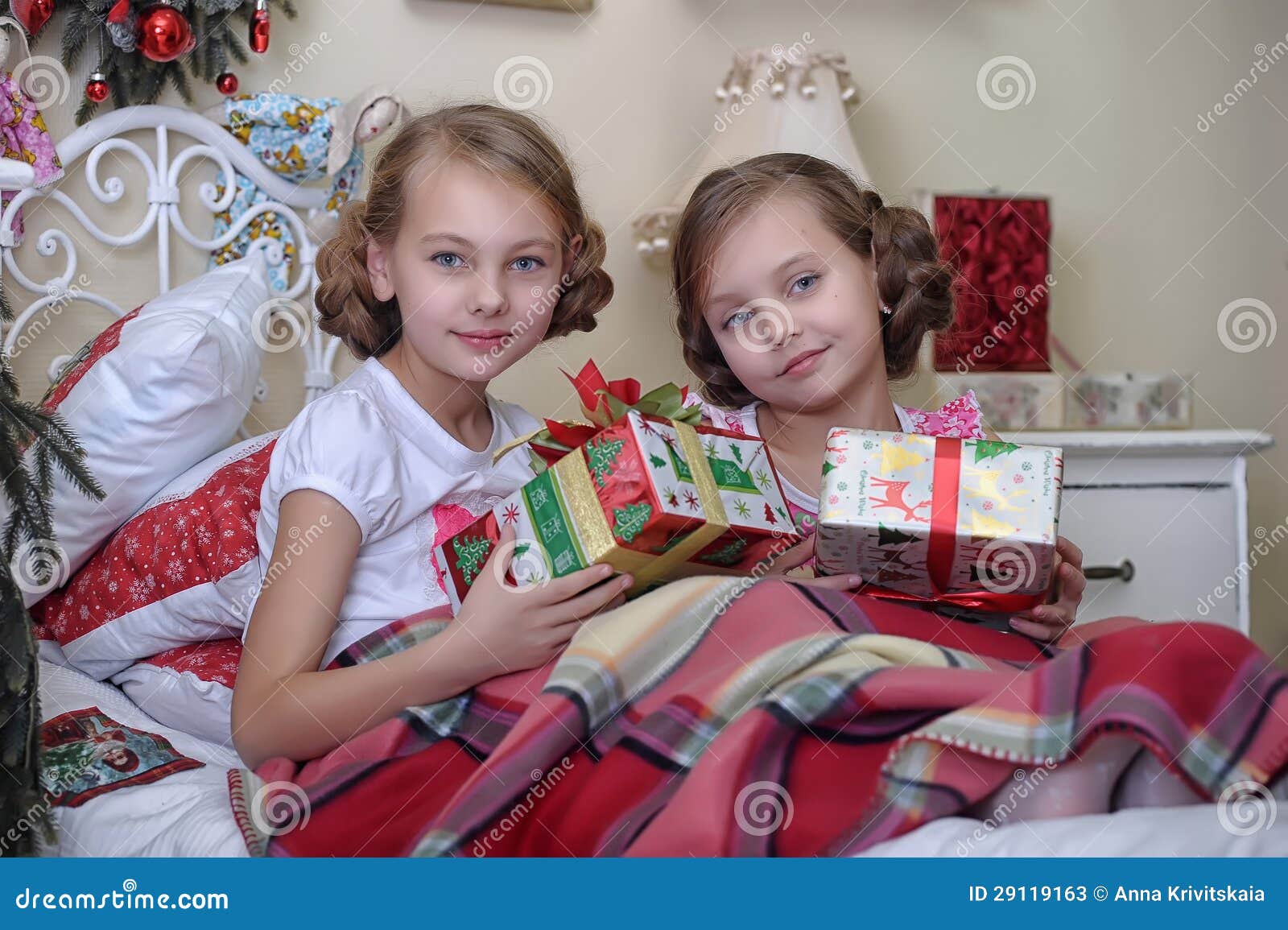 Two Sisters on Christmas Morning Stock Image - Image of cute ...