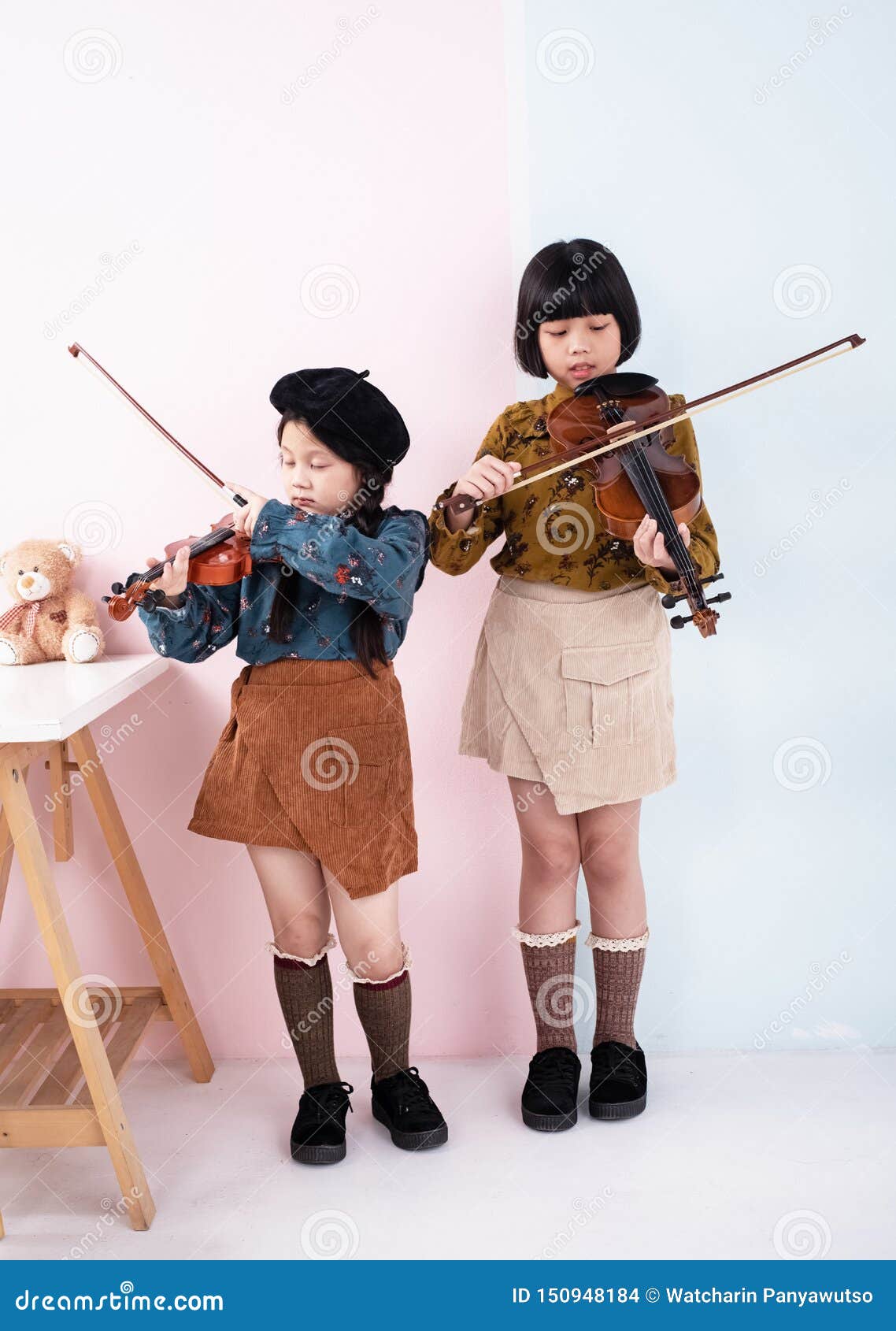 Two Sisters Play Violin Together, Stock Photo - Image of early ...