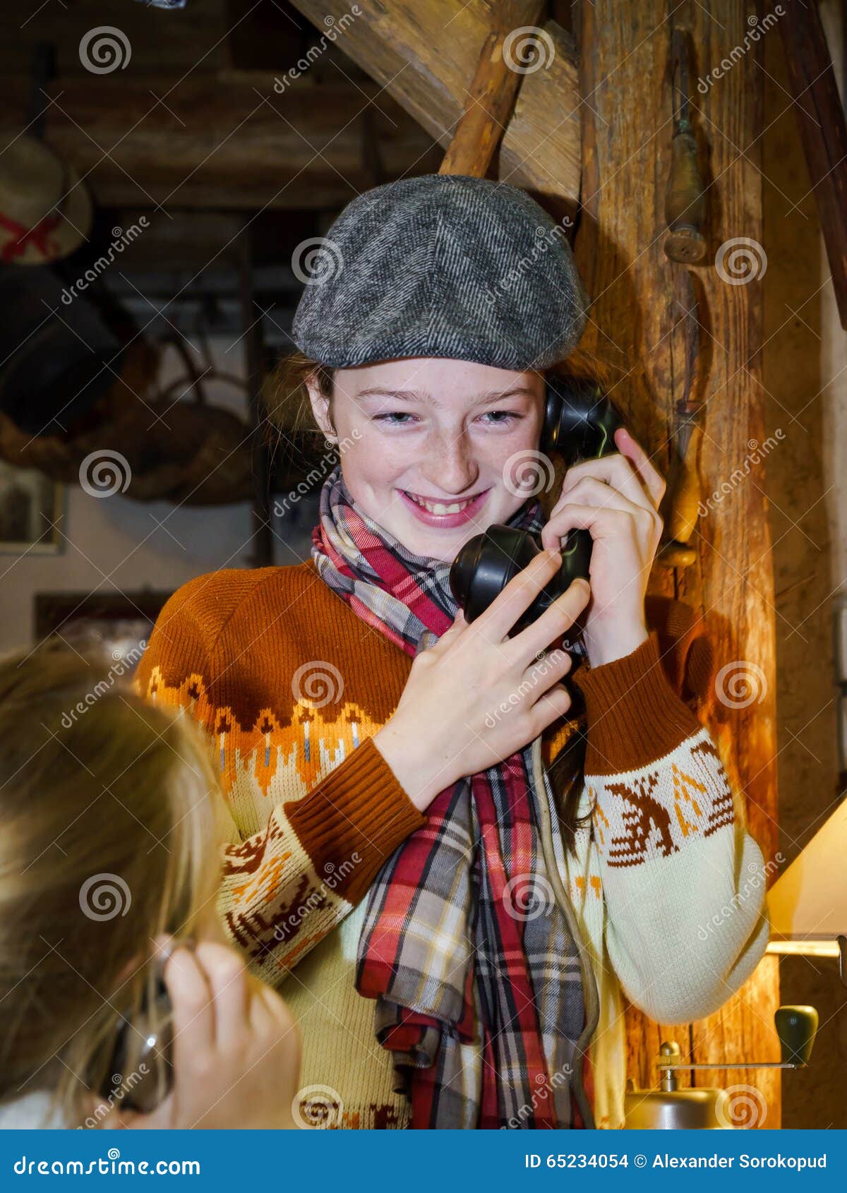 Two Sisters Playing with Old Vintage Telephon Stock Photo - Image of ...