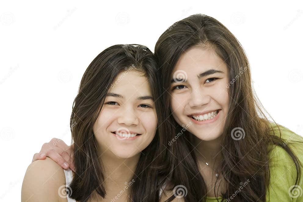 Two Sisters Together, Isolated on White Stock Photo - Image of green ...