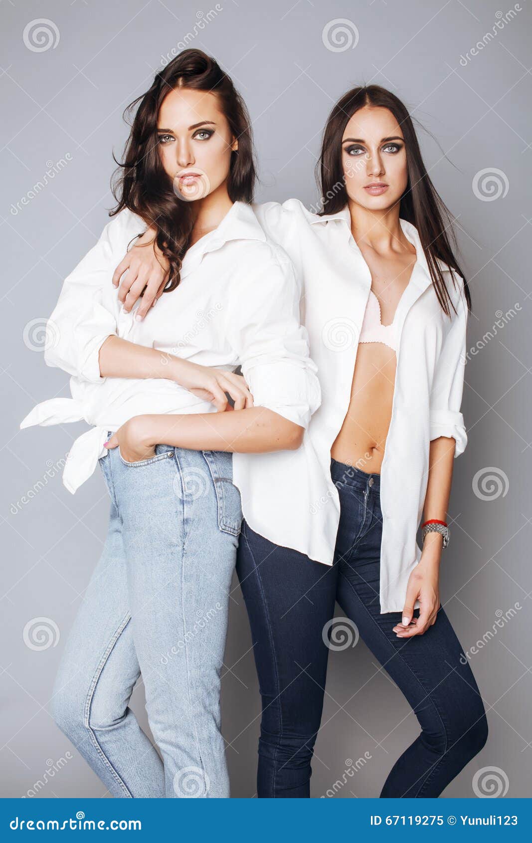 Two Sisters Twins Emotional Posing Making Photo Selfie Dressed Same