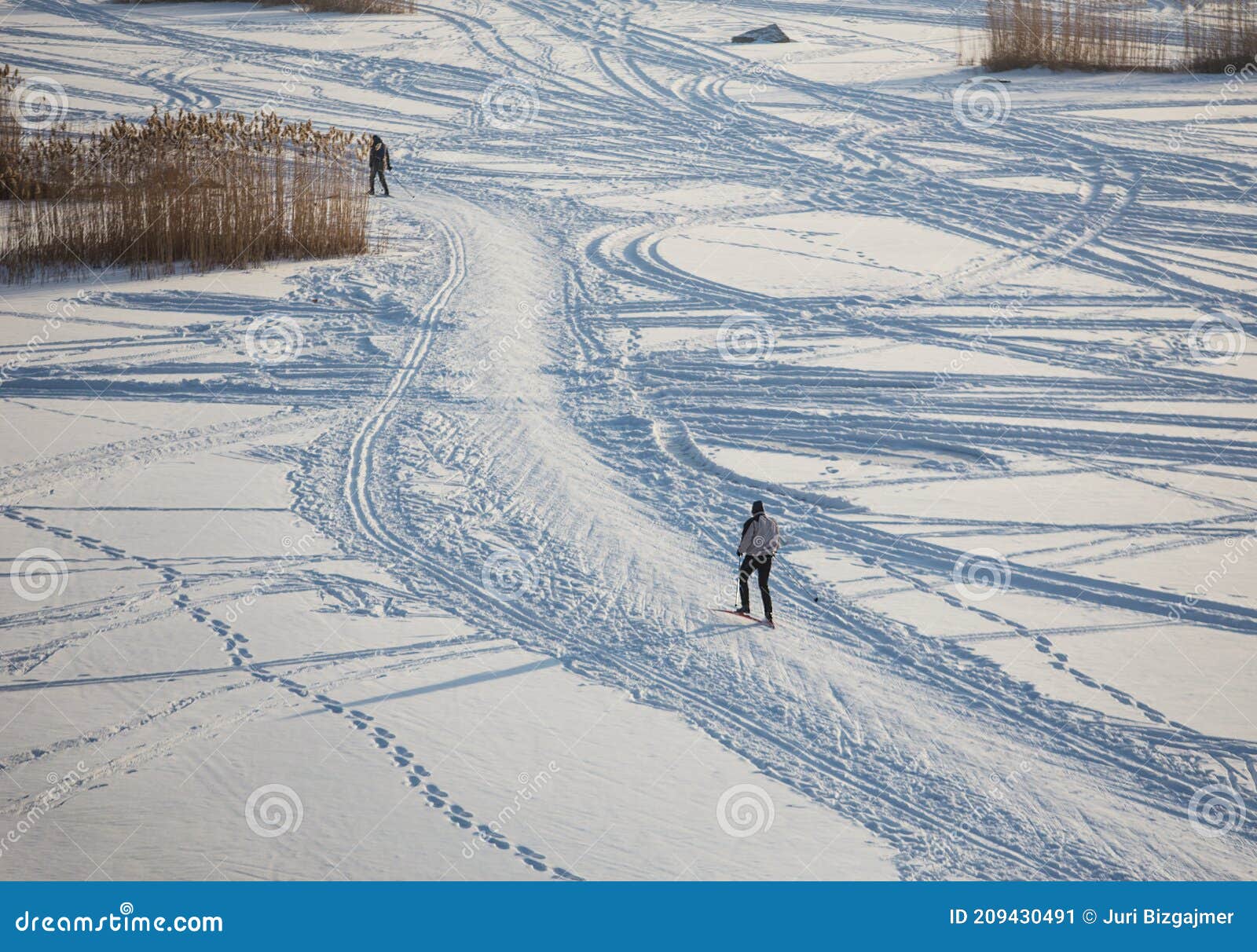 Two Skiers Skiing on the Frozen Surface of the River Stock Image ...