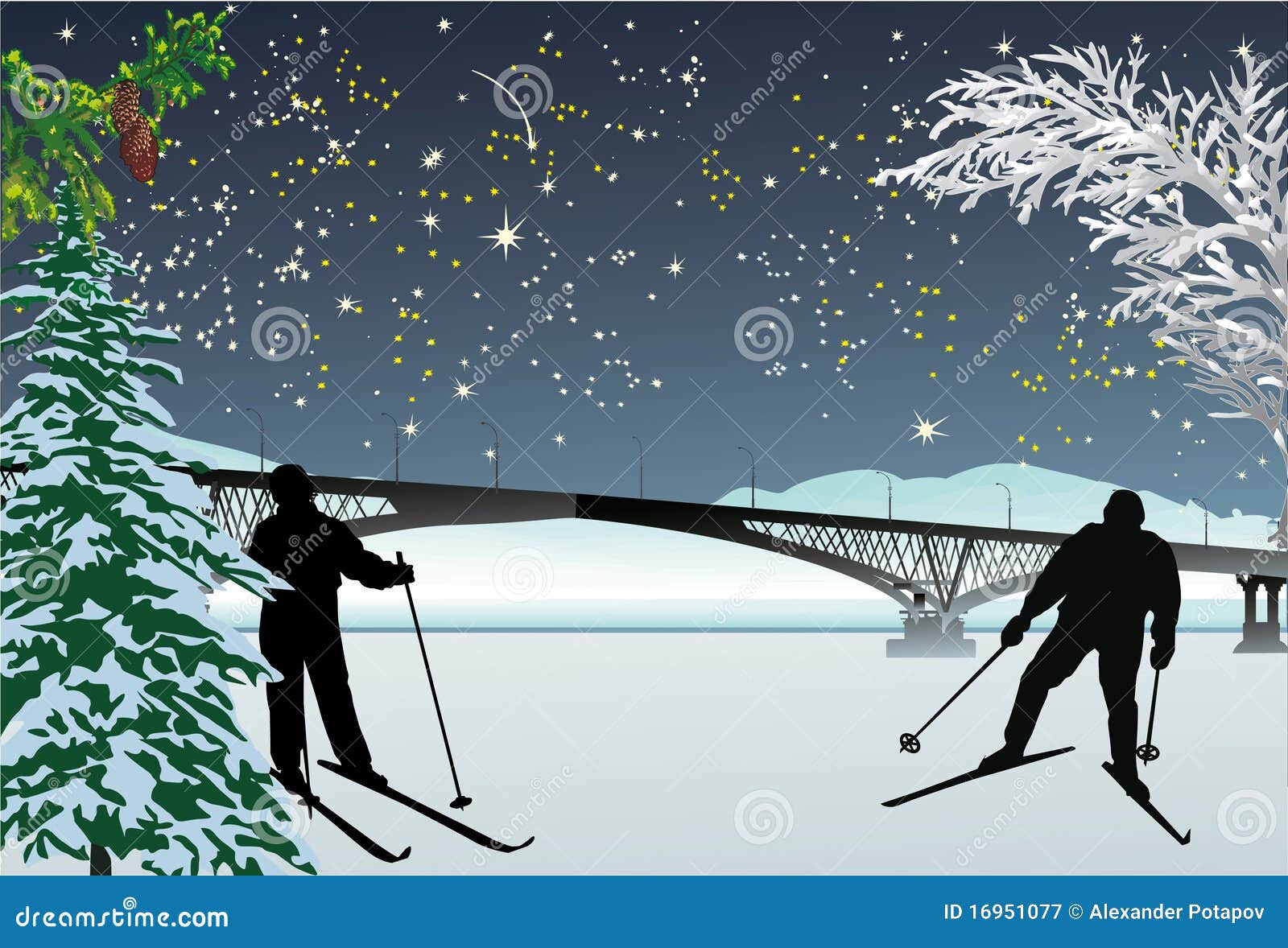 Two skiers under night sky stock vector. Illustration of star - 16951077