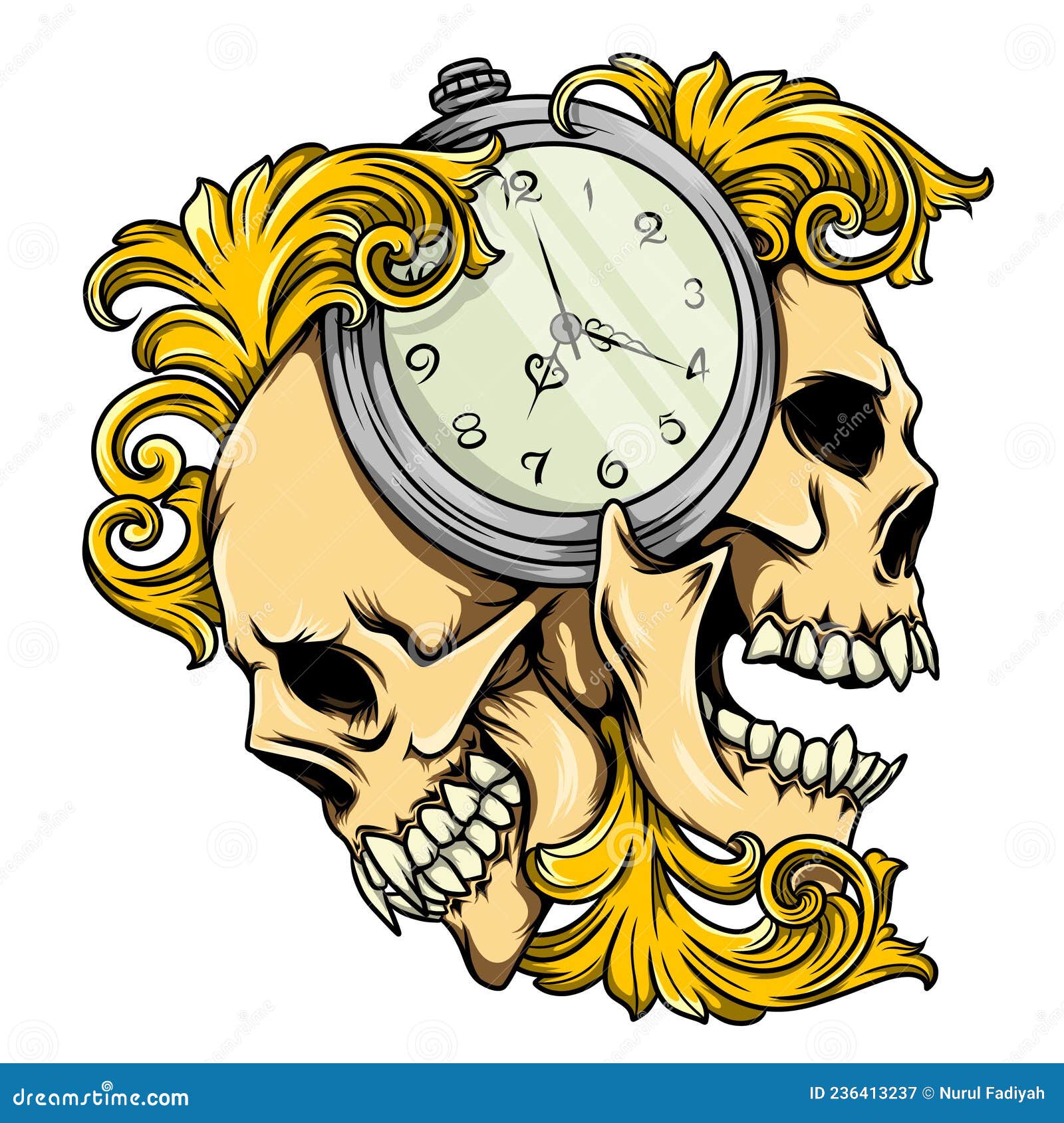 Two Skull and Clock with Baroque Style Decorations Stock Vector ...