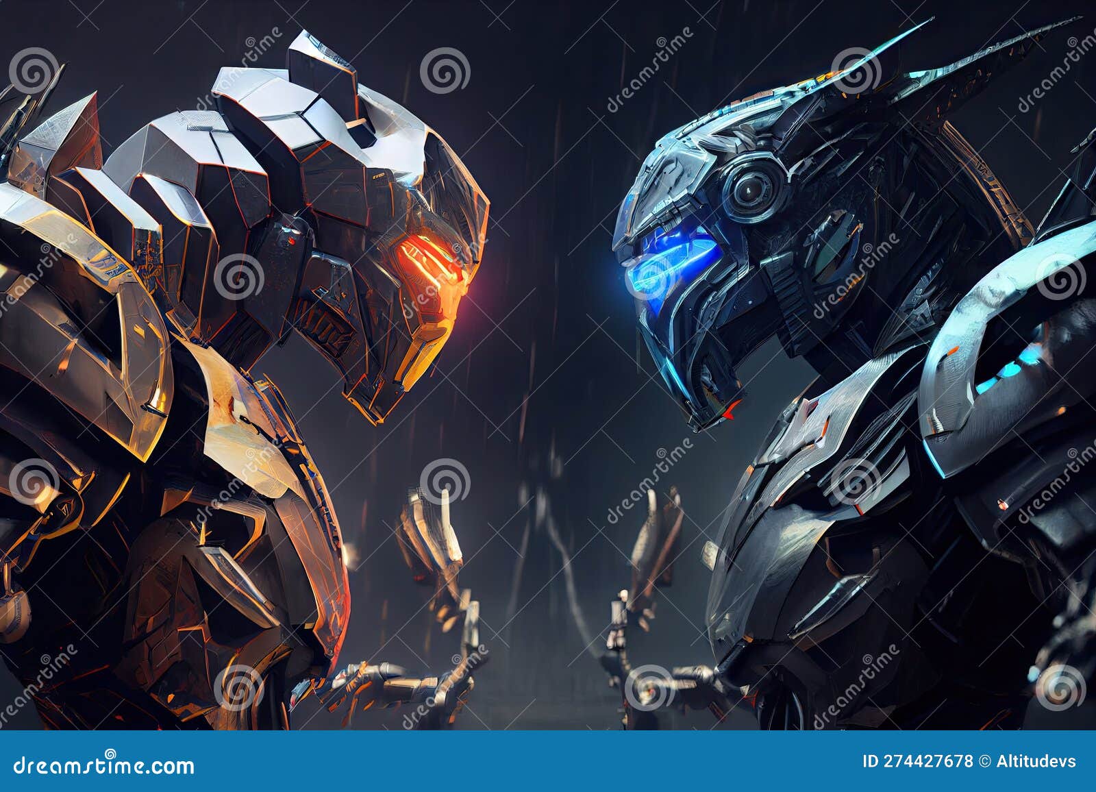 Two Sleek and Futuristic Robots Face Off, Ready for Epic Battle in the ... Two Sleek and Futuristic Robots Face Off, Ready for Epic Battle in the ...