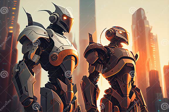 Two Sleek and Modern Robots Standing in a Futuristic City, Surrounded ... Two Sleek and Modern Robots Standing in a Futuristic City, Surrounded ...