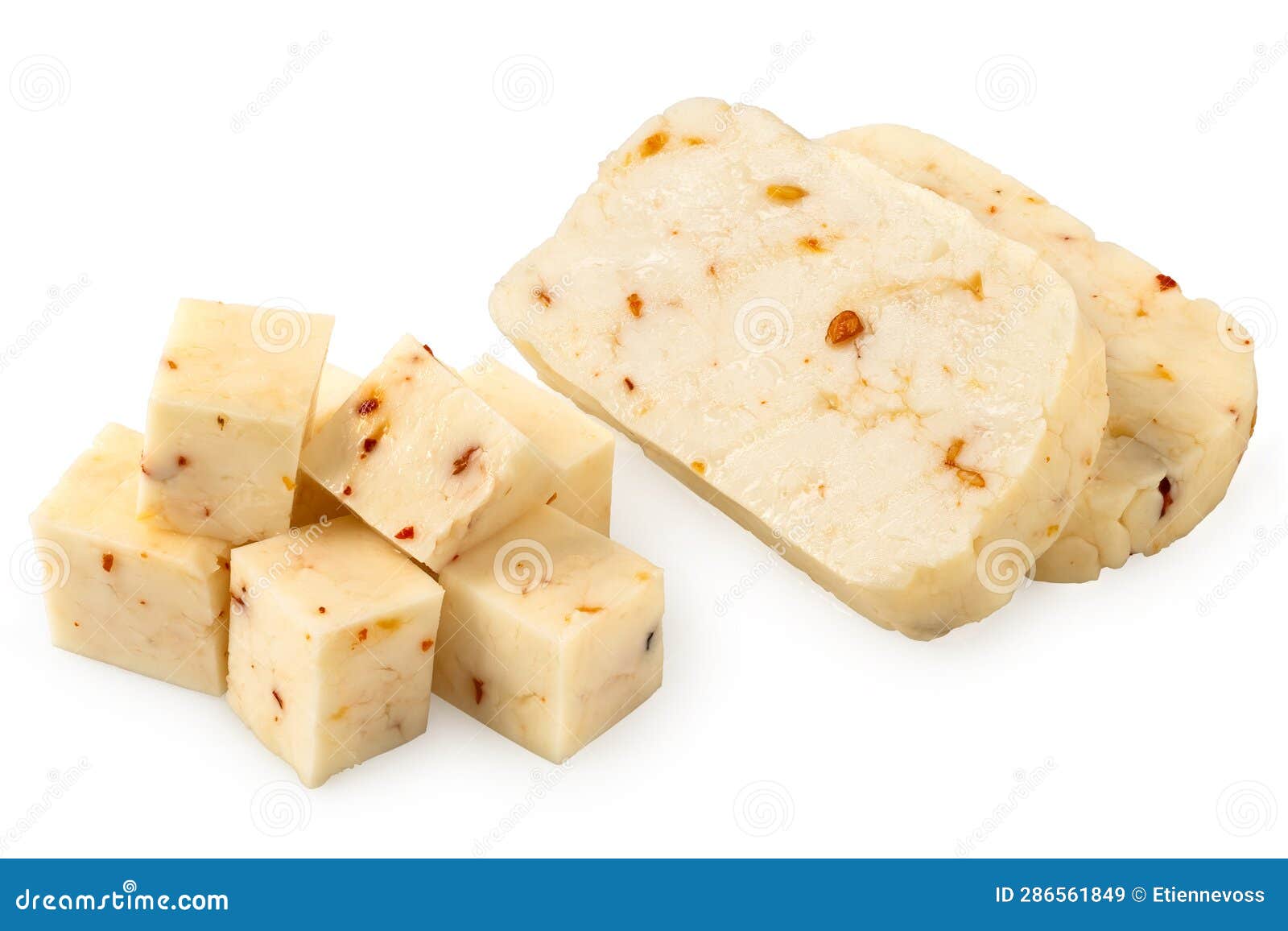 Two Slices and Cubes of Halloumi Cheese with Red Chilli Isolated on ...