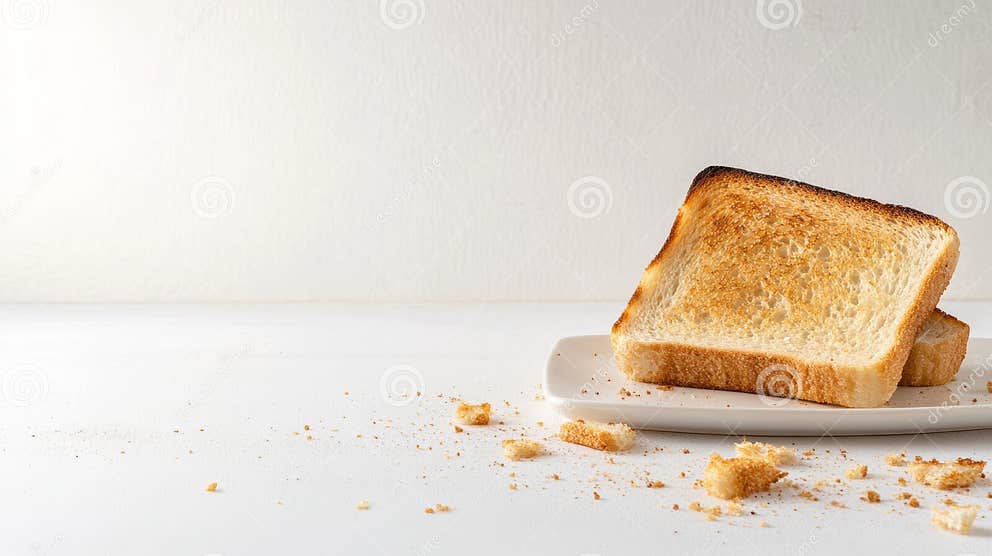 Two Slices of Toasted Bread Sit on a White Rectangular Plate, Crumbs ...