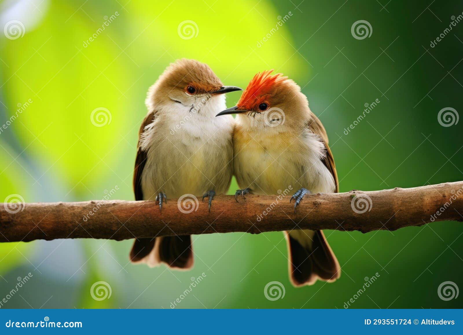 Two Small Birds Perched Close Together on a Tree Branch Stock Photo ...