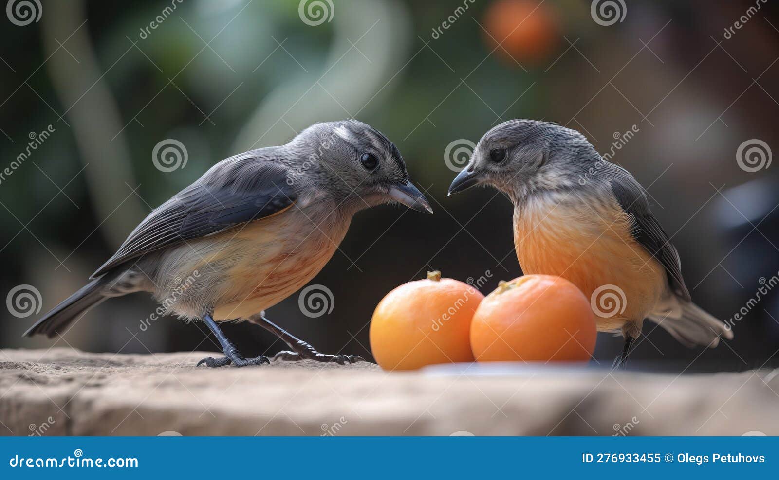 Two Small Birds Standing Next To Each Other on a Table with Oranges on ...