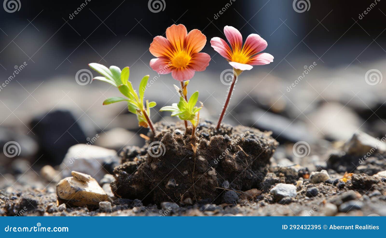Two Small Flowers Growing Out of a Hole in the Ground Stock ...