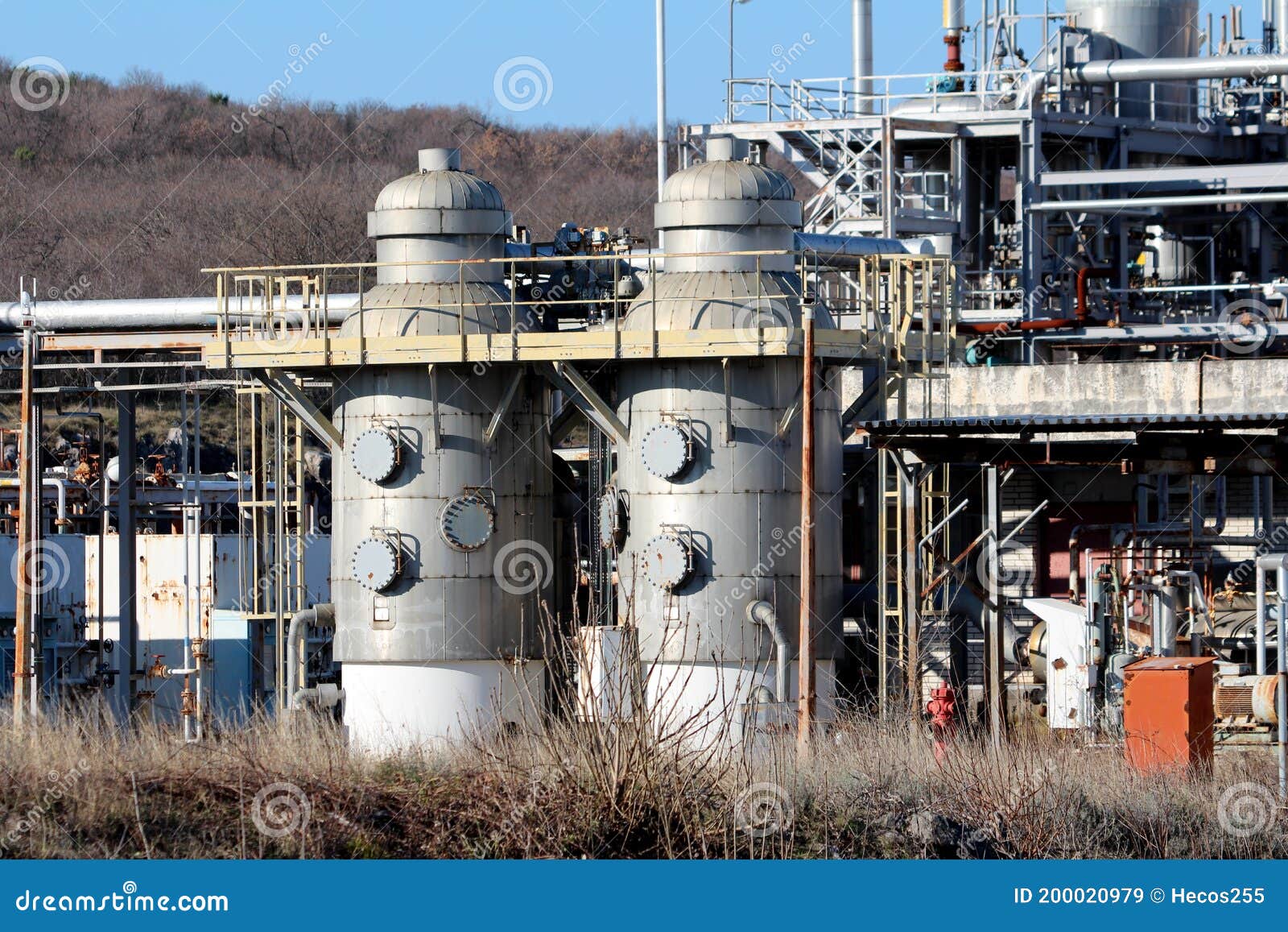 Two Small Metal Storage Silos with Safety Platform on Top Installed at ...