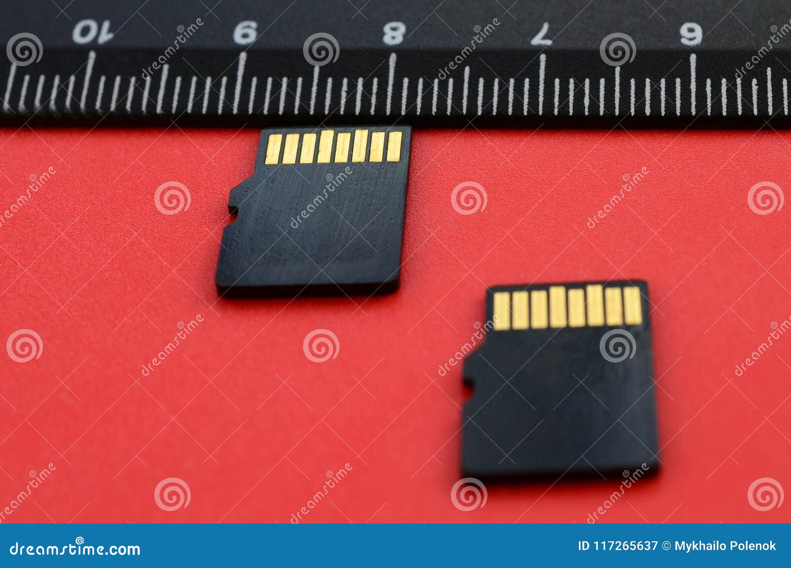 Two Small Micro SD Memory Cards Lie on a Red Background Next To a Black ...