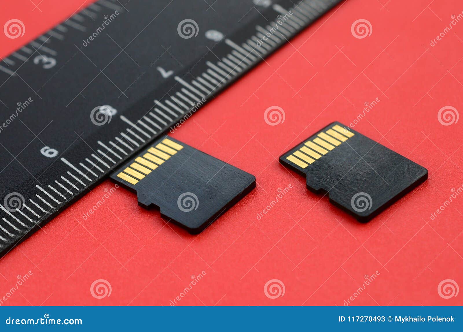 Two Small Micro SD Memory Cards Lie on a Red Background Next To a Black ...