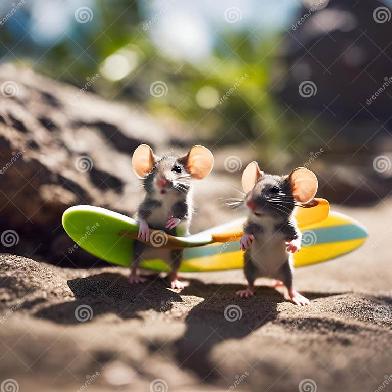 Two Small Mouses Sitting on Top of a Surfboard Stock Illustration ...