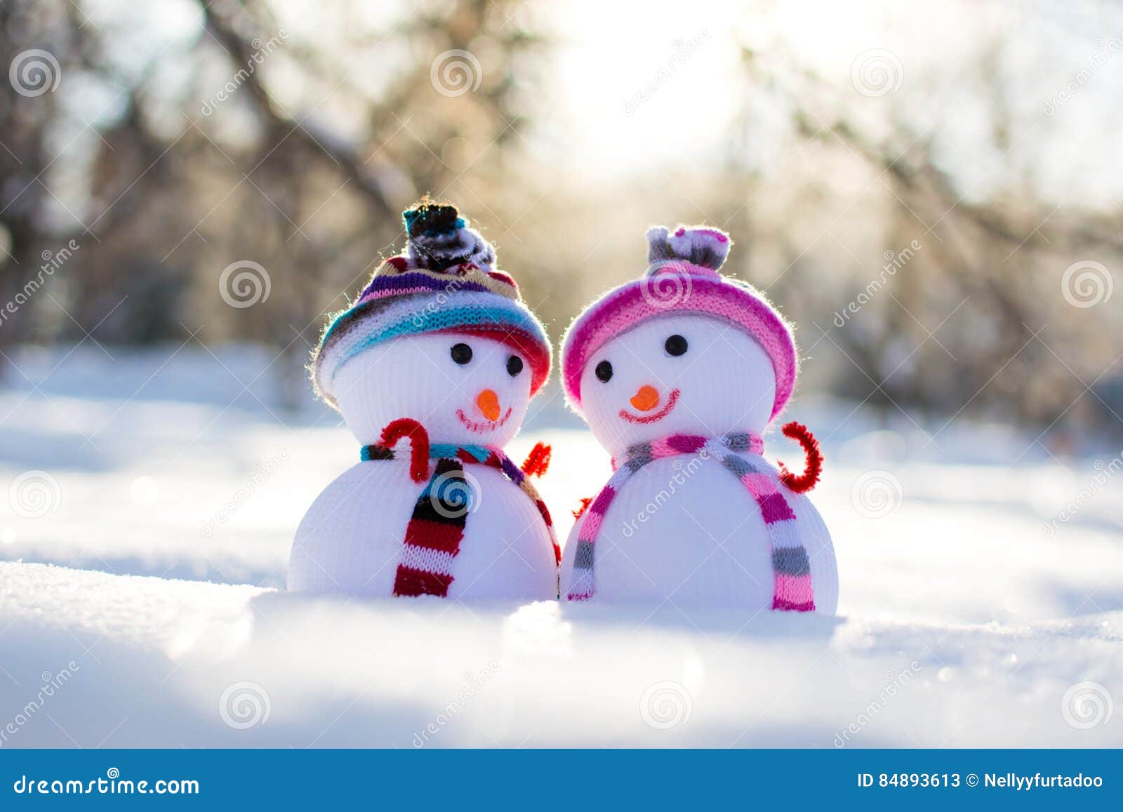 Two Small Snowmen in Hats in Park Stock Image - Image of snow, smile ...