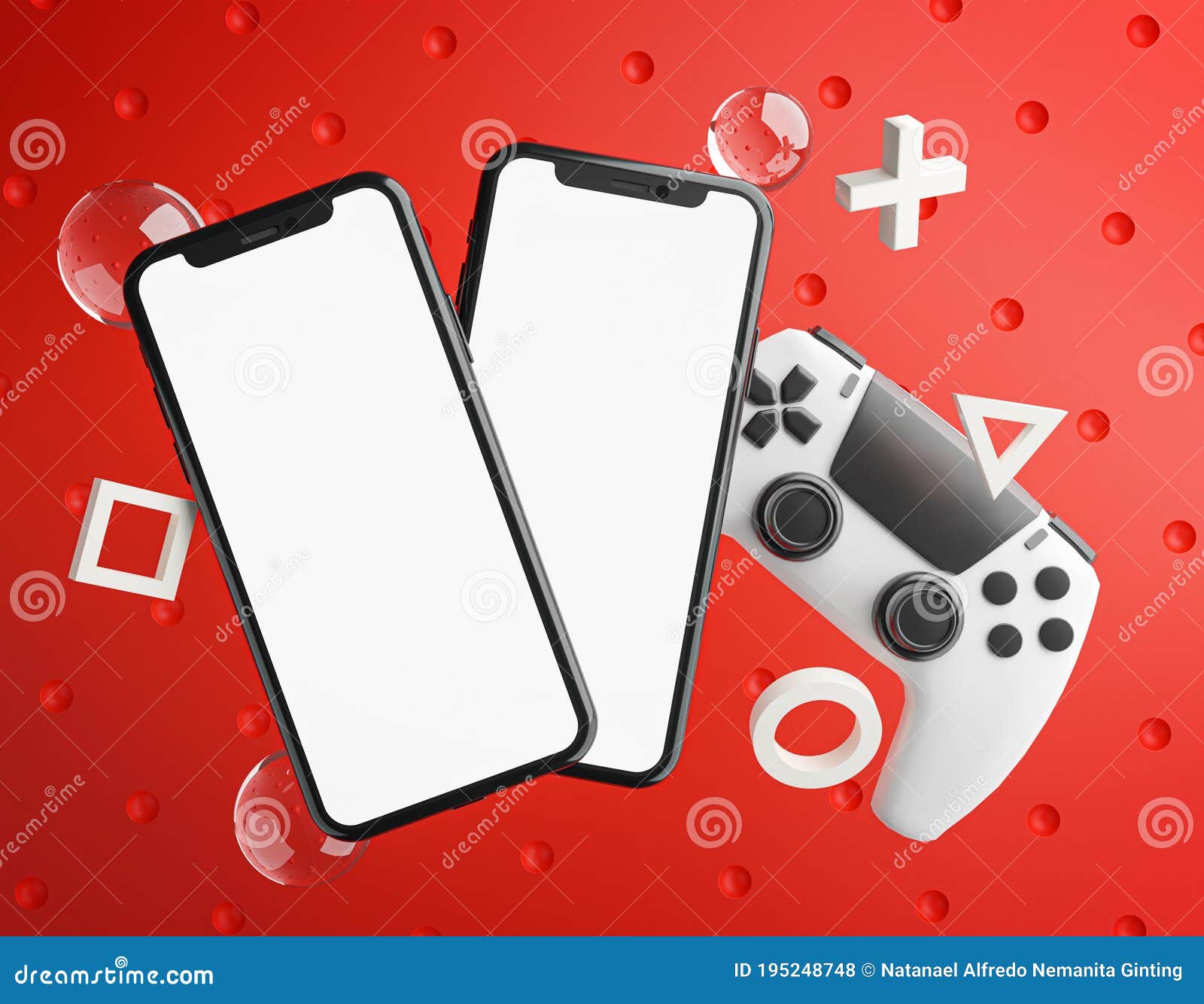 Two Smartphone Mockup Template Red Gamepad Console Background 3D ...