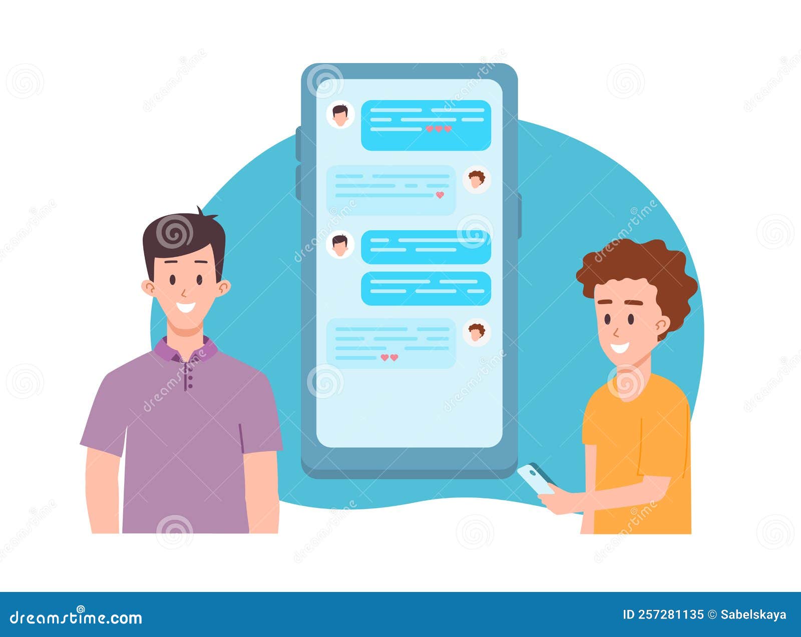 Two Smiling Boys and Huge Mobile Phone Screen with Chatting Flat Style ...