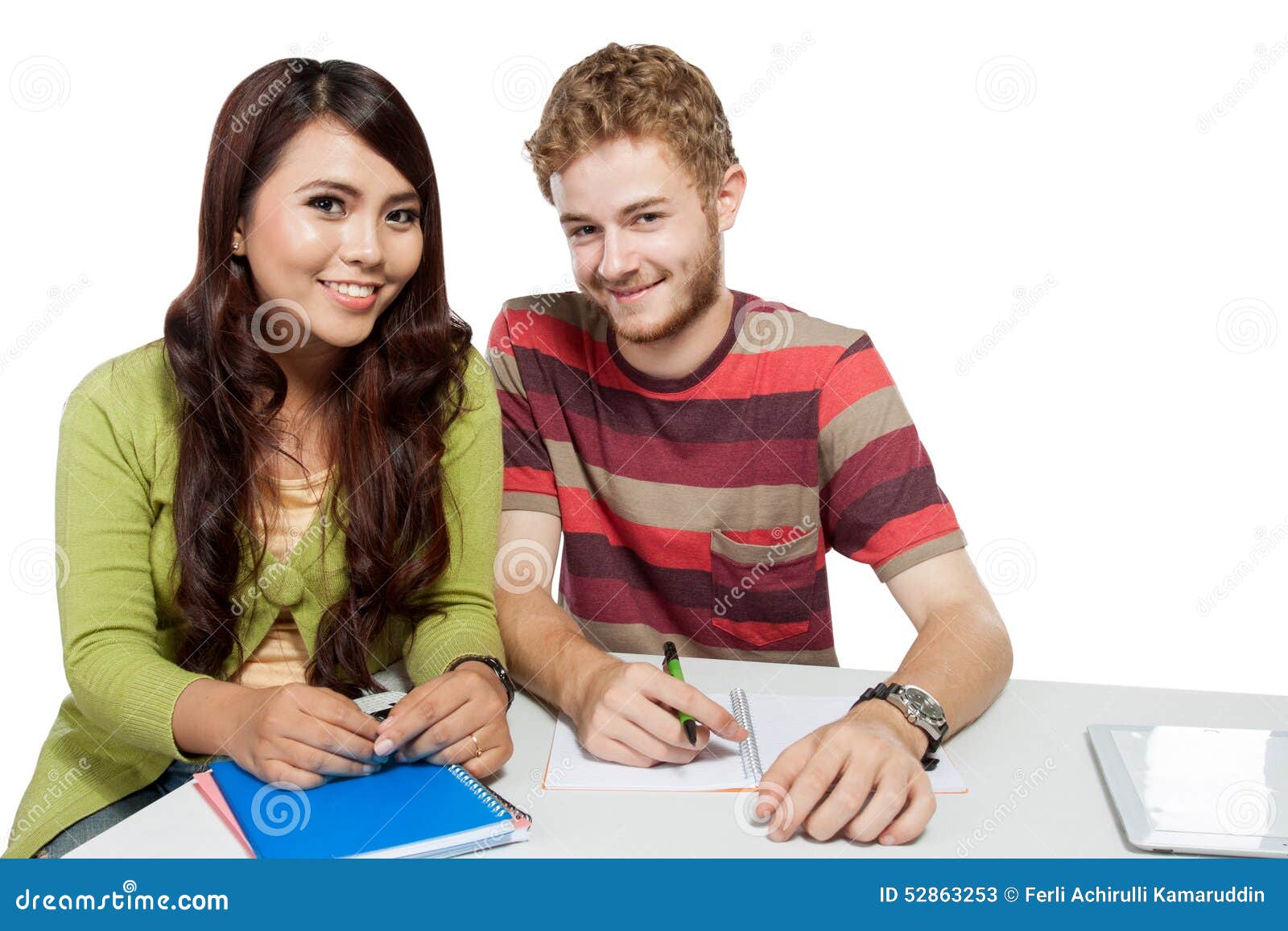 Two Smiling College Students Studying Together Stock Image - Image of ...