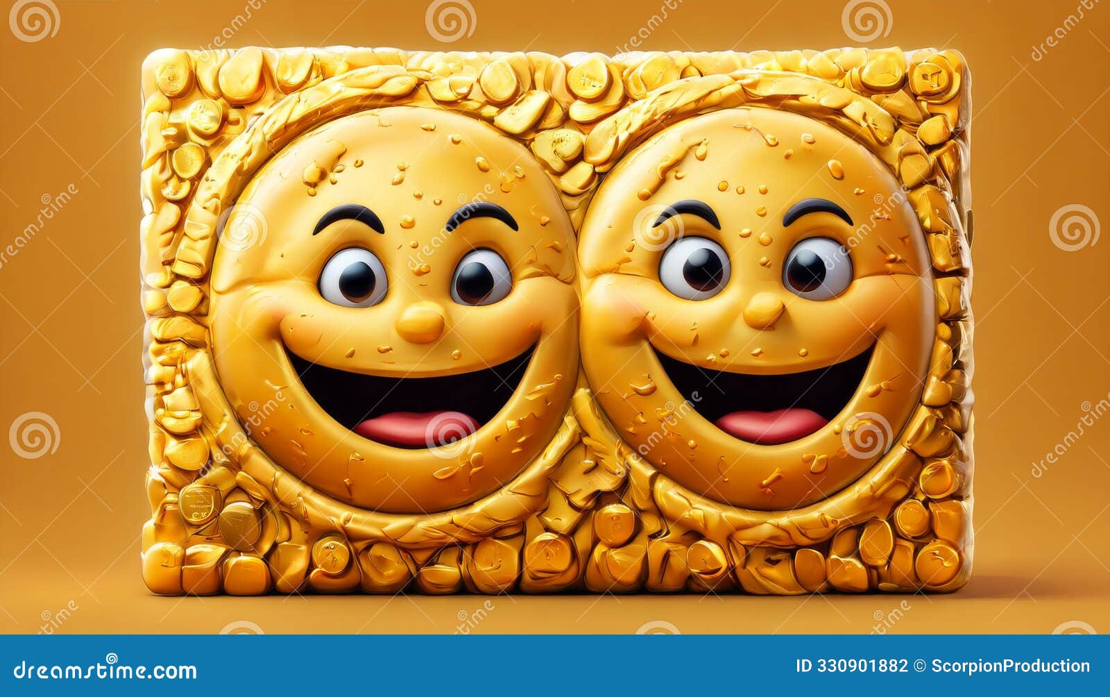 Two Smiling Emojis with Golden Texture, Rectangular Background Stock ...