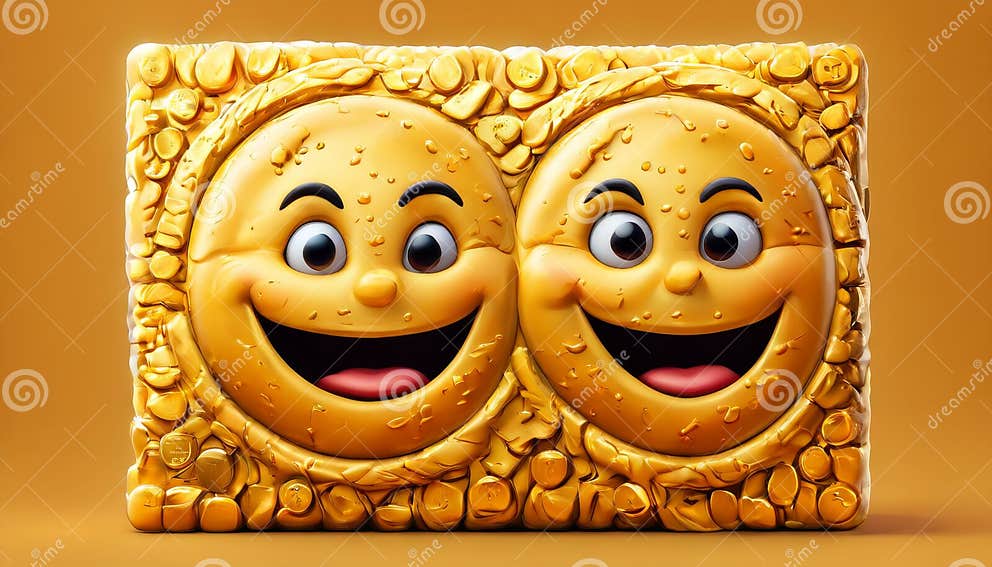 Two Smiling Emojis with Golden Texture, Rectangular Background Stock ...