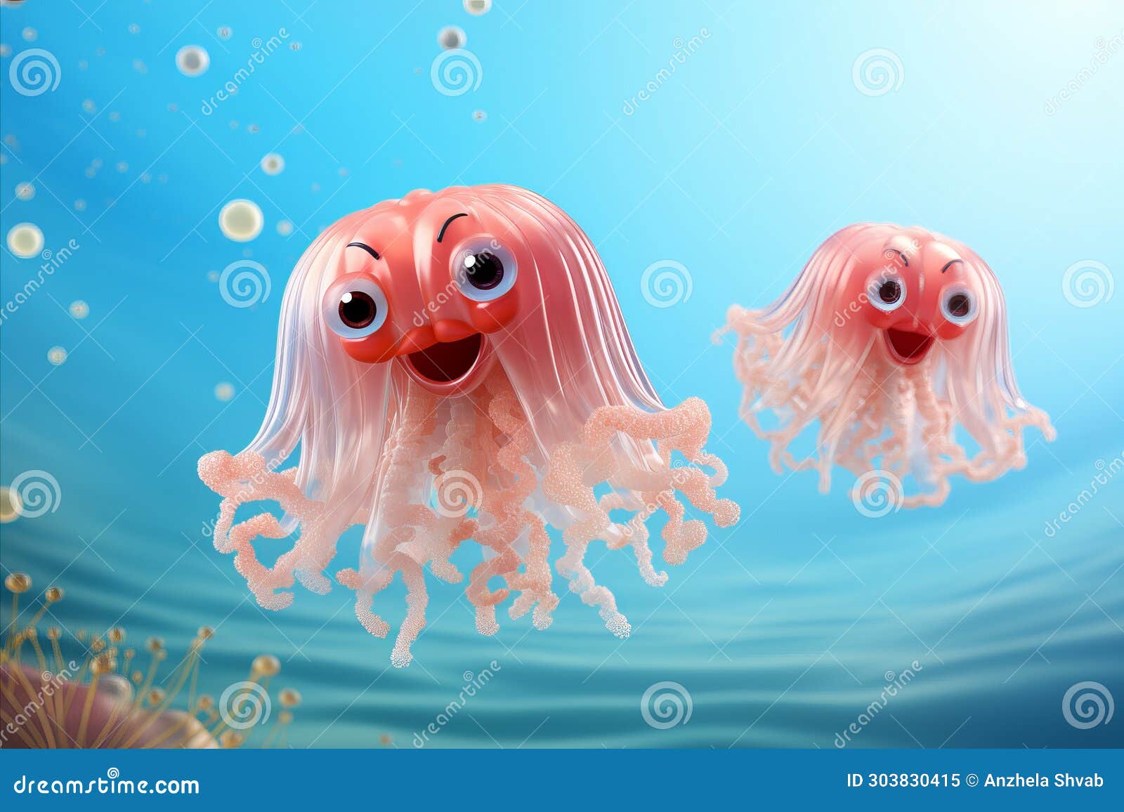 Two Smiling Fantasy Jellyfish with Big Eyes on Blue Solid Background ...