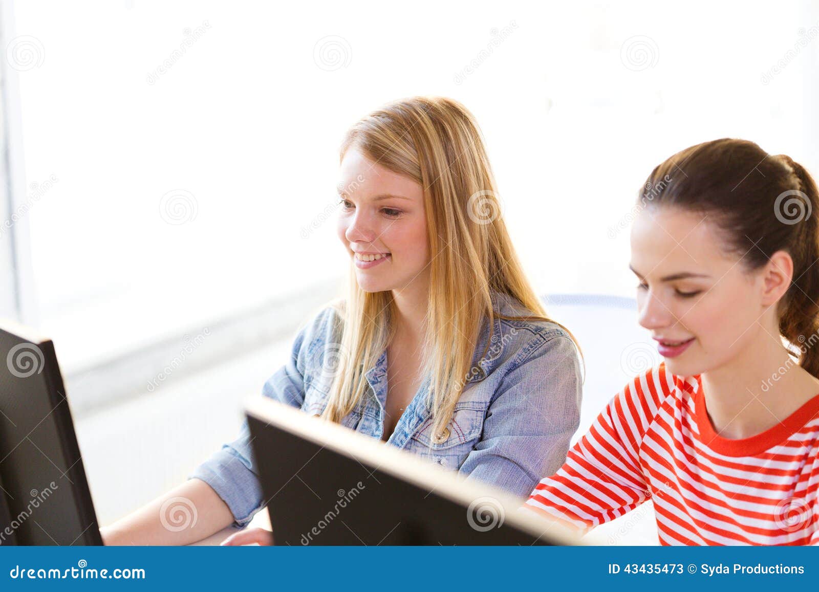 Two Smiling Girls in Computer Class Stock Image - Image of class ...