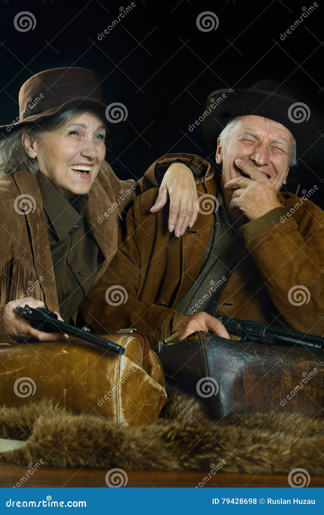 Two smiling hunters stock photo. Image of dangerous, face - 79428698