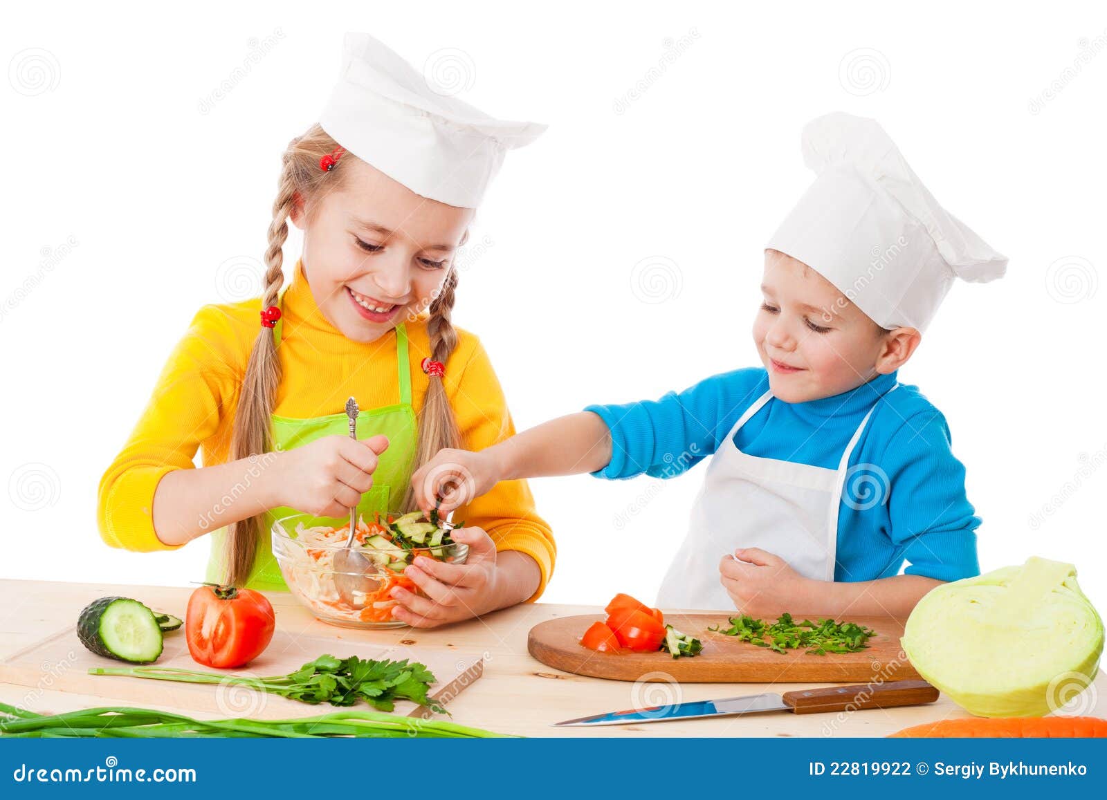 Two Smiling Kids Mixing Salad Stock Photo - Image of childhood, child ...