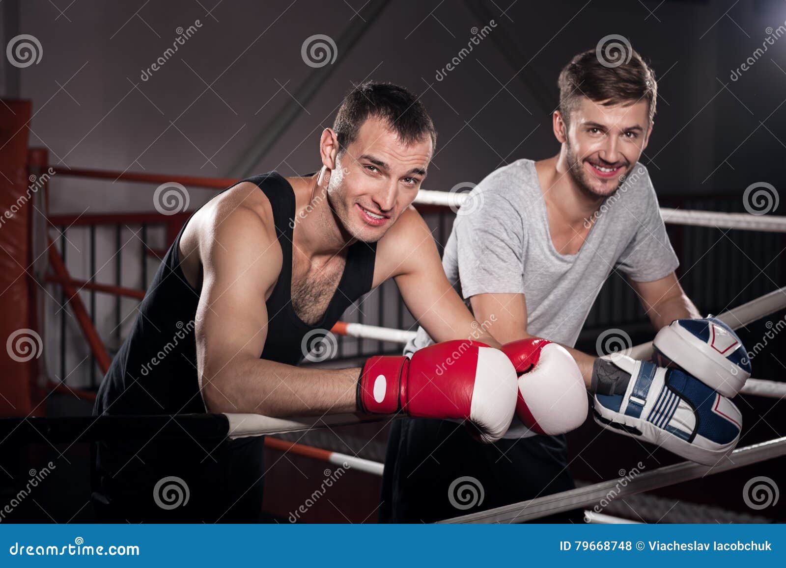 Two Smiling Man with Gloves Leaning on Ring Rope Stock Photo - Image of ...