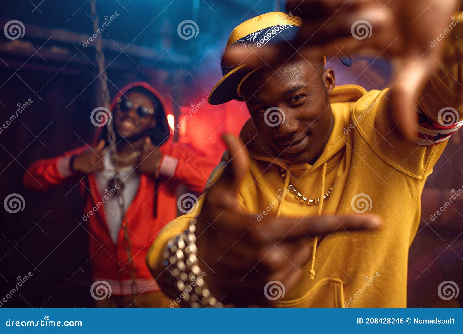 Two Smiling Rappers, Breakdancing in Studio Stock Photo - Image of dark ...