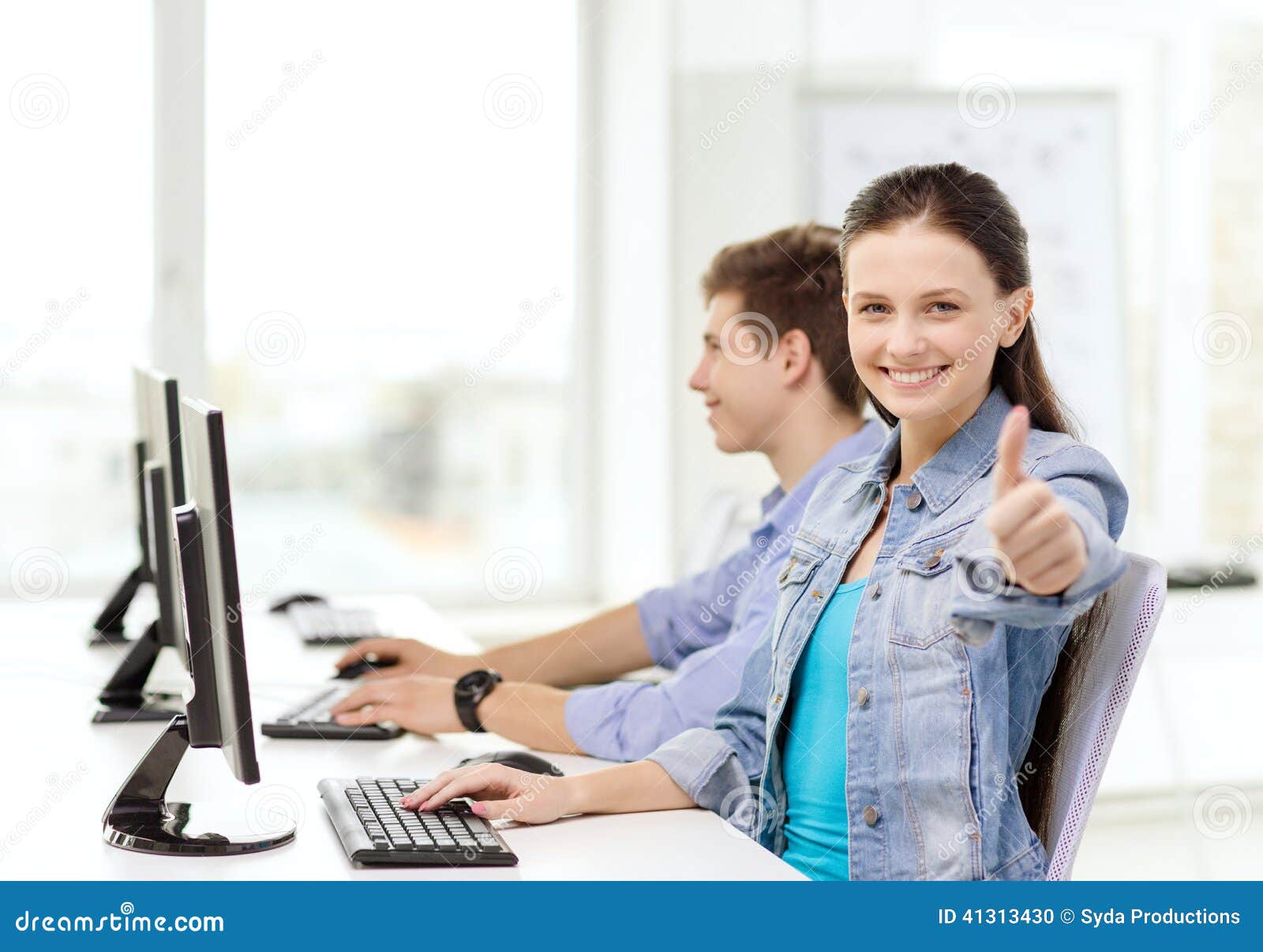 Two Smiling Students in Computer Class Stock Photo - Image of classroom ...
